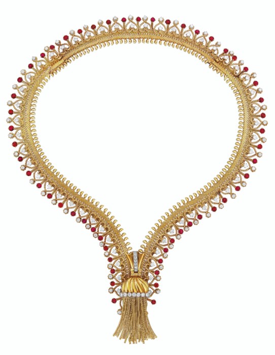 AN ICONIC RETRO GOLD, RUBY AND DIAMOND 'ZIP' NECKLACE, VAN CLEEF ...