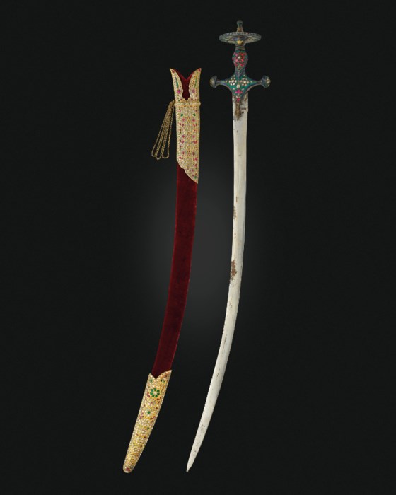 A SWORD (TALWAR) WITH SCABBARD AND ASSOCIATED GEM-ENCRUSTED LOCKET AND ...