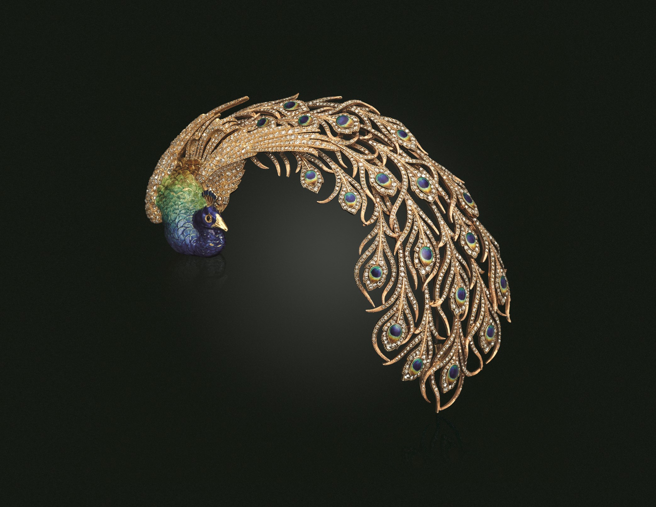 AN ANTIQUE DIAMOND AND ENAMEL PEACOCK AIGRETTE, MELLERIO DITS MELLER ...