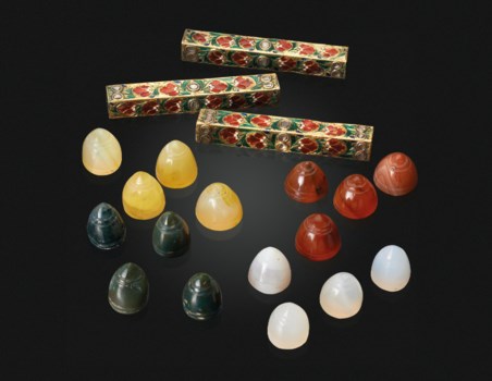 A HARDSTONE CHAUPUR SET WITH ENAMELLED AND GEM SET GOLD DICE, NORTH ...