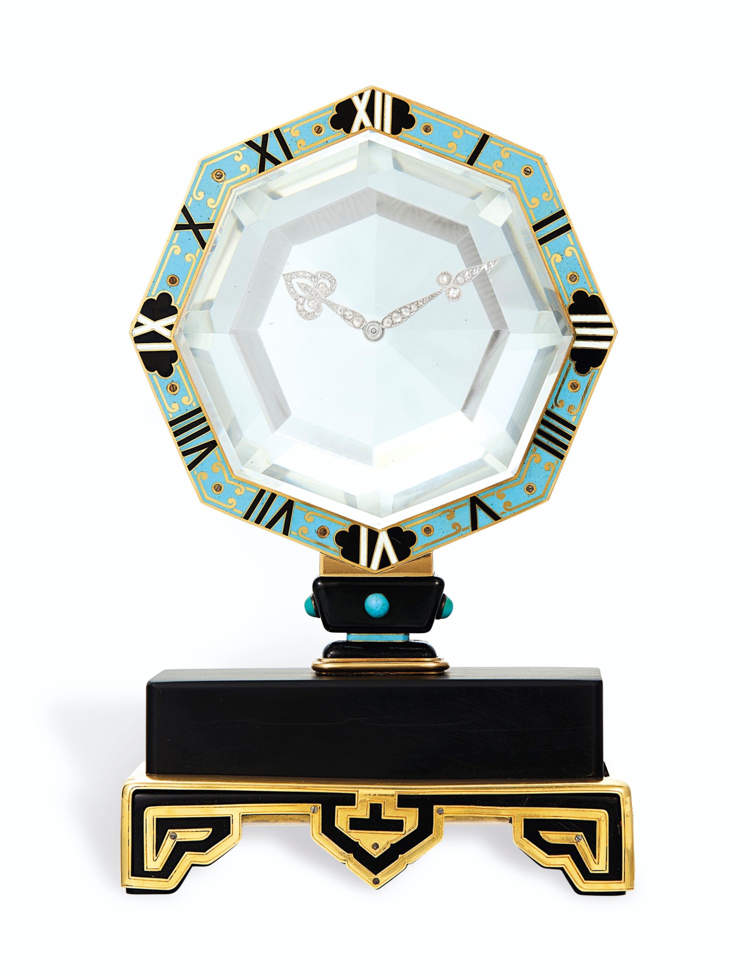 A RARE ART DECO ROCK CRYSTAL, DIAMOND AND MULTI-GEM 'MYSTERY' CLOCK ...