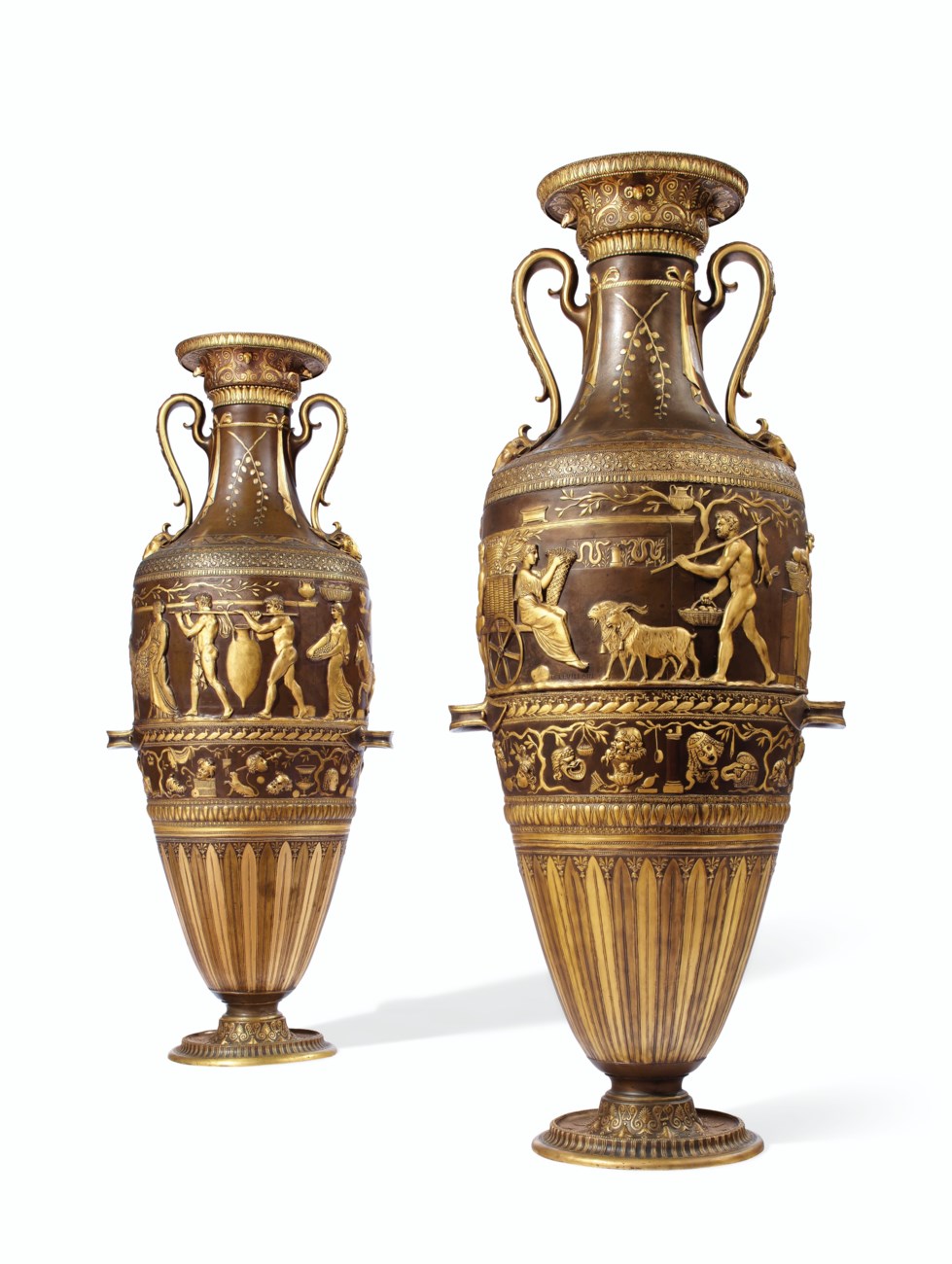 A PAIR OF FRENCH 'NEO-GREC' GILT AND PATINATED-BRONZE VASES, DESIGNED ...