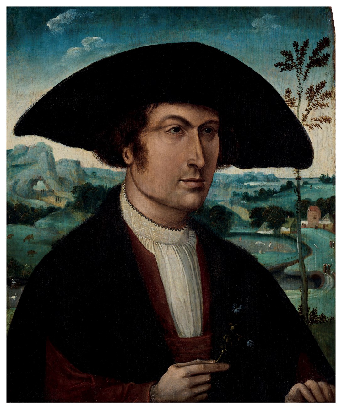 The Master of 1518 (Antwerp c. 1470-c. 1527), Portrait of a man holding bluebells before a ...