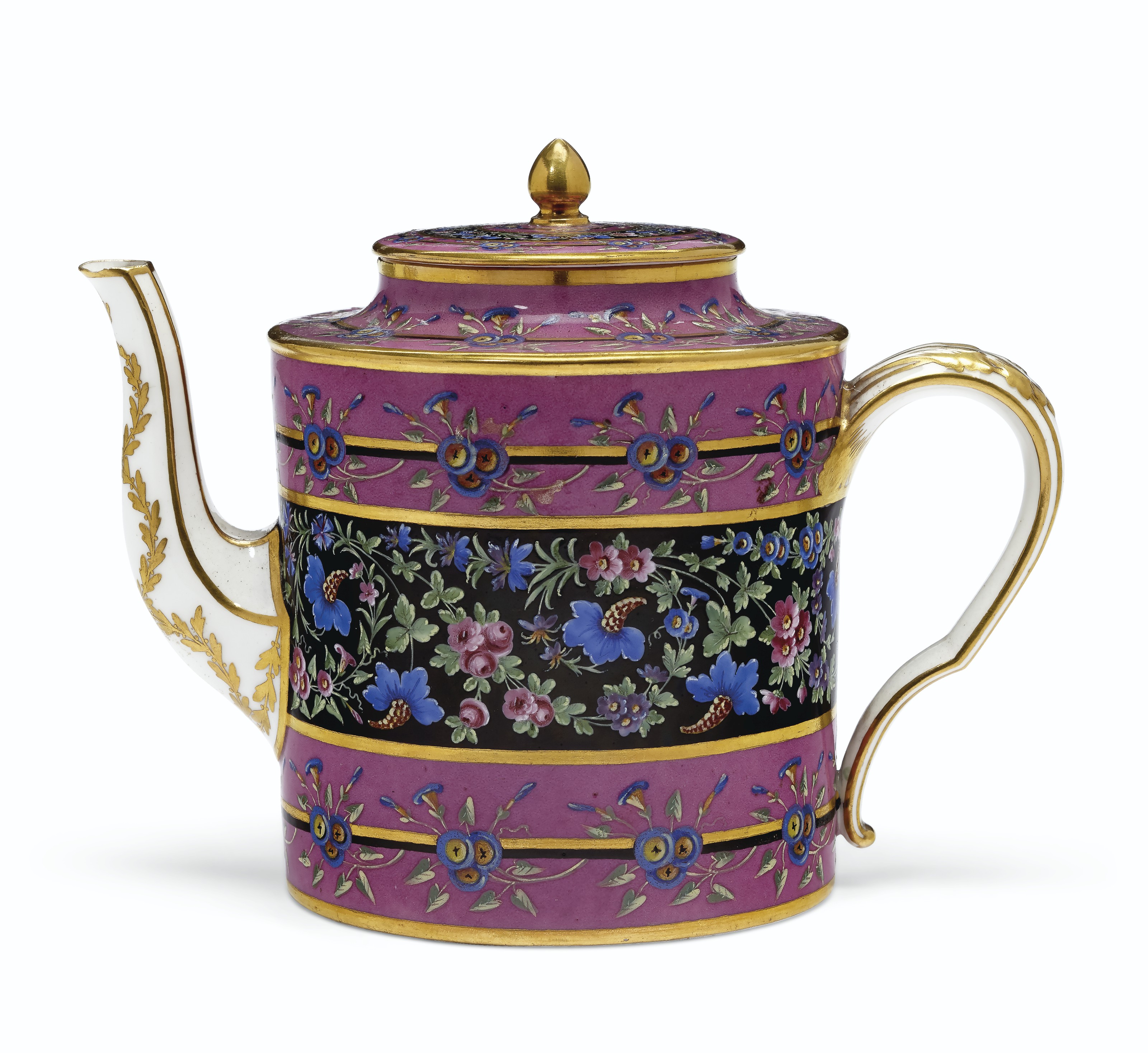 A SEVRES PORCELAIN BLACK AND PURPLE GROUND TEAPOT AND COVER (THEIERE ...