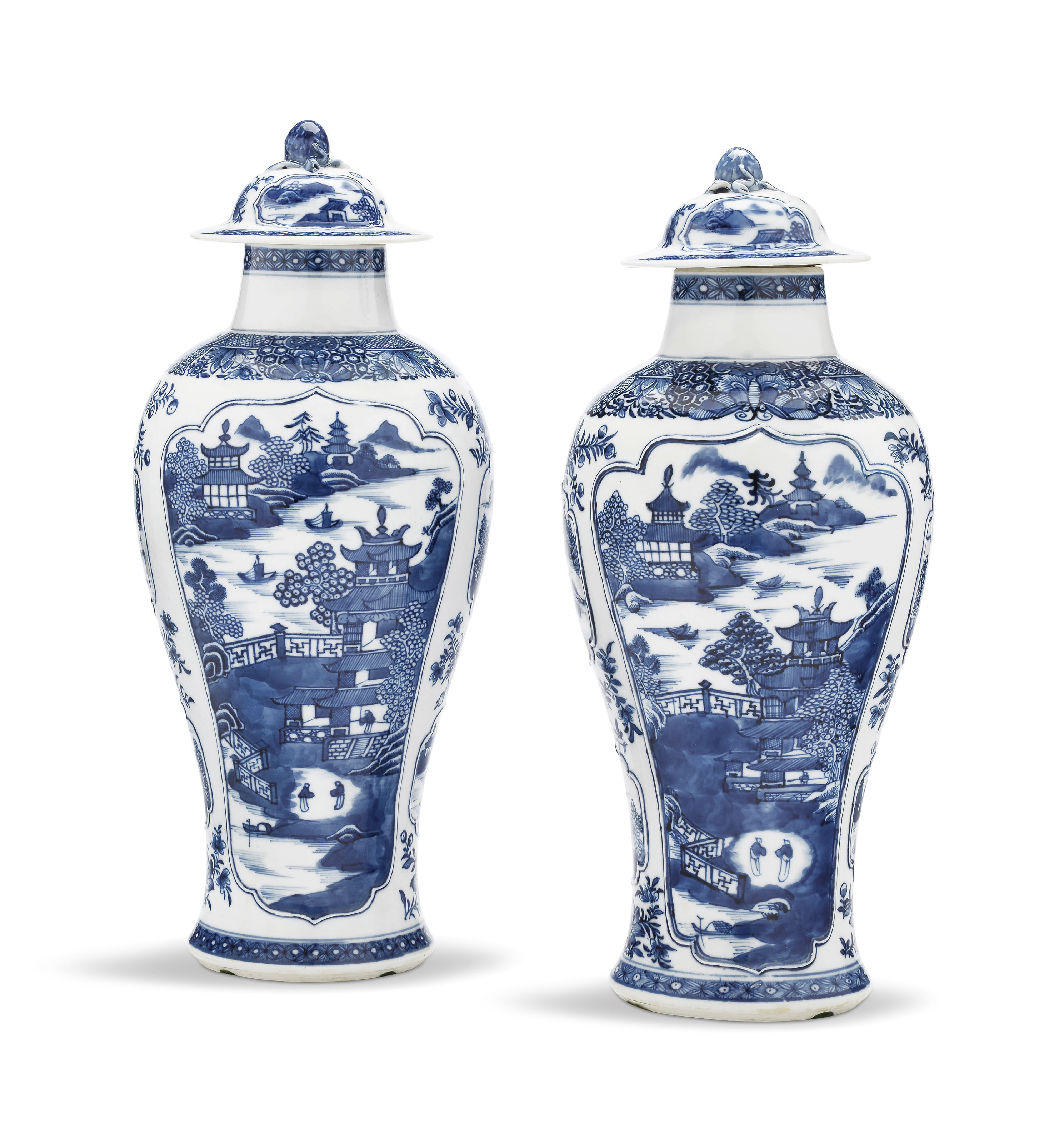 A PAIR OF BLUE AND WHITE BALUSTER JARS AND COVERS, QIANLONG PERIOD ...