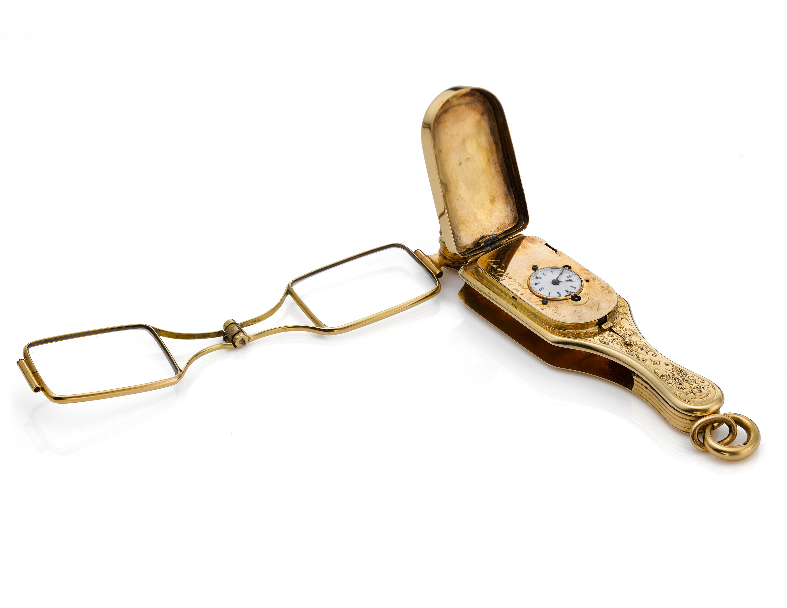 14K AND ENAMEL LORGNETTE WITH MINIATURE CONCEALED CLOCK, | Christie’s