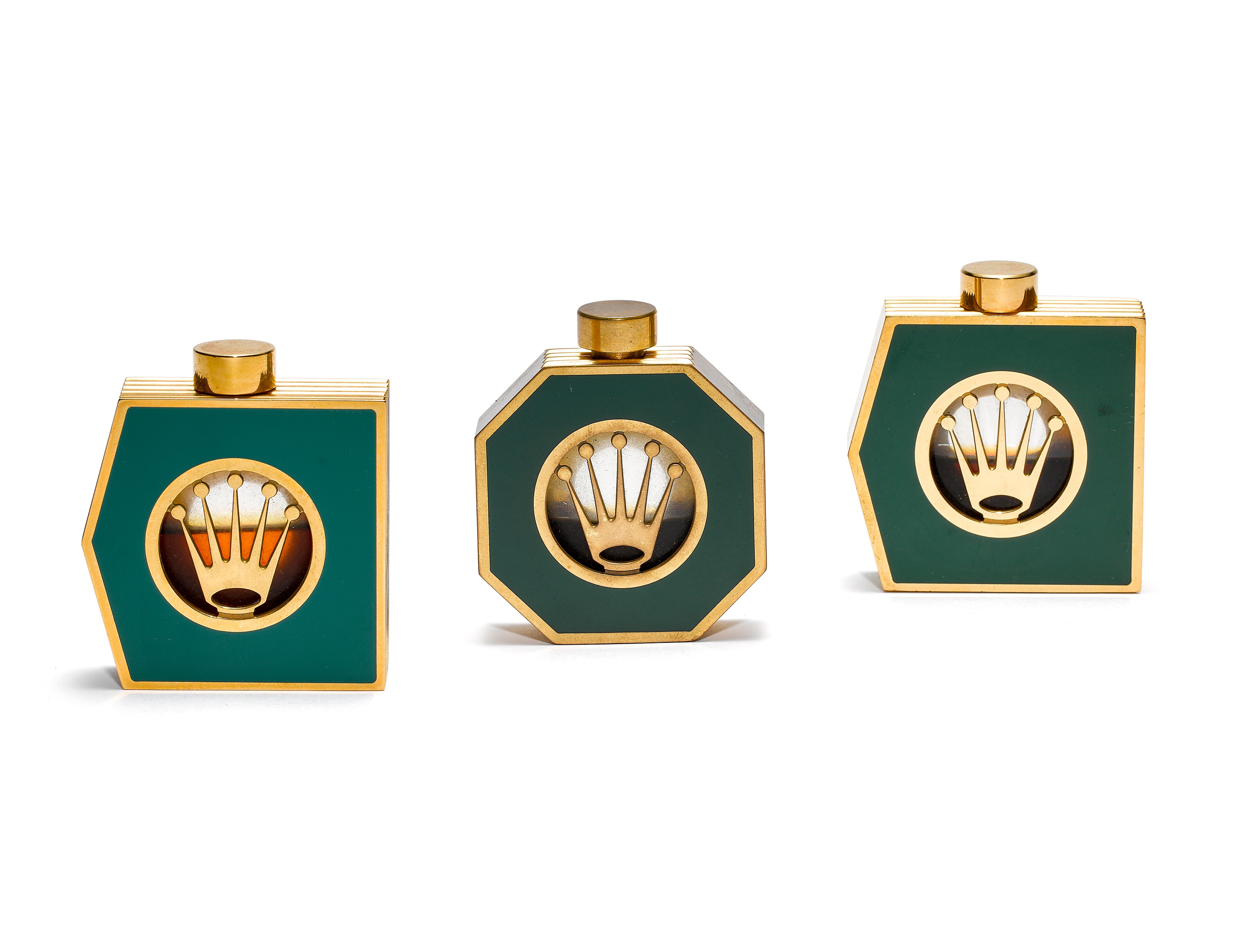 ROLEX, A SET OF THREE VERY RARE GREEN LACQUERED AND GILT PERFUMES ...