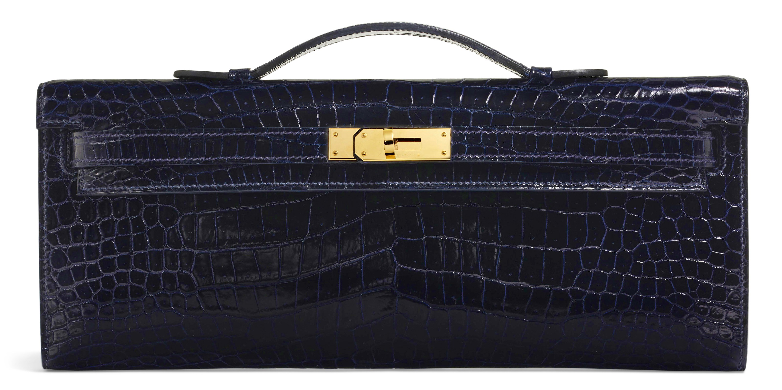 A SHINY INDIGO POROSUS CROCODILE KELLY CUT WITH GOLD HARDWARE, HERMÈS ...