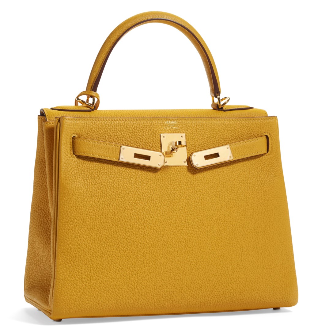 A JAUNE AMBRE CLÈMENCE LEATHER RETOURNÉ KELLY 28 WITH GOLD HARDWARE ...