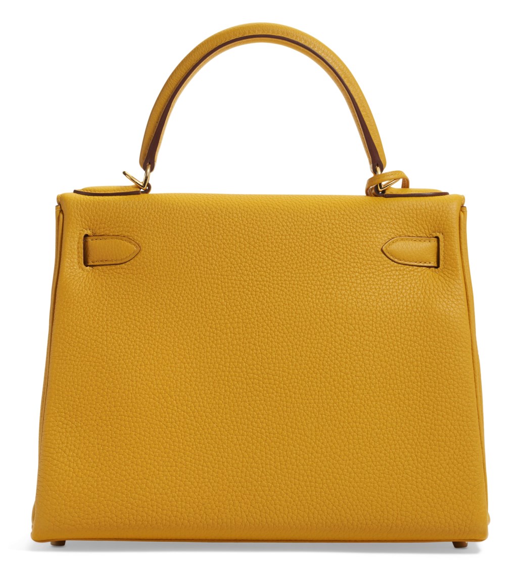 A JAUNE AMBRE CLÈMENCE LEATHER RETOURNÉ KELLY 28 WITH GOLD HARDWARE ...