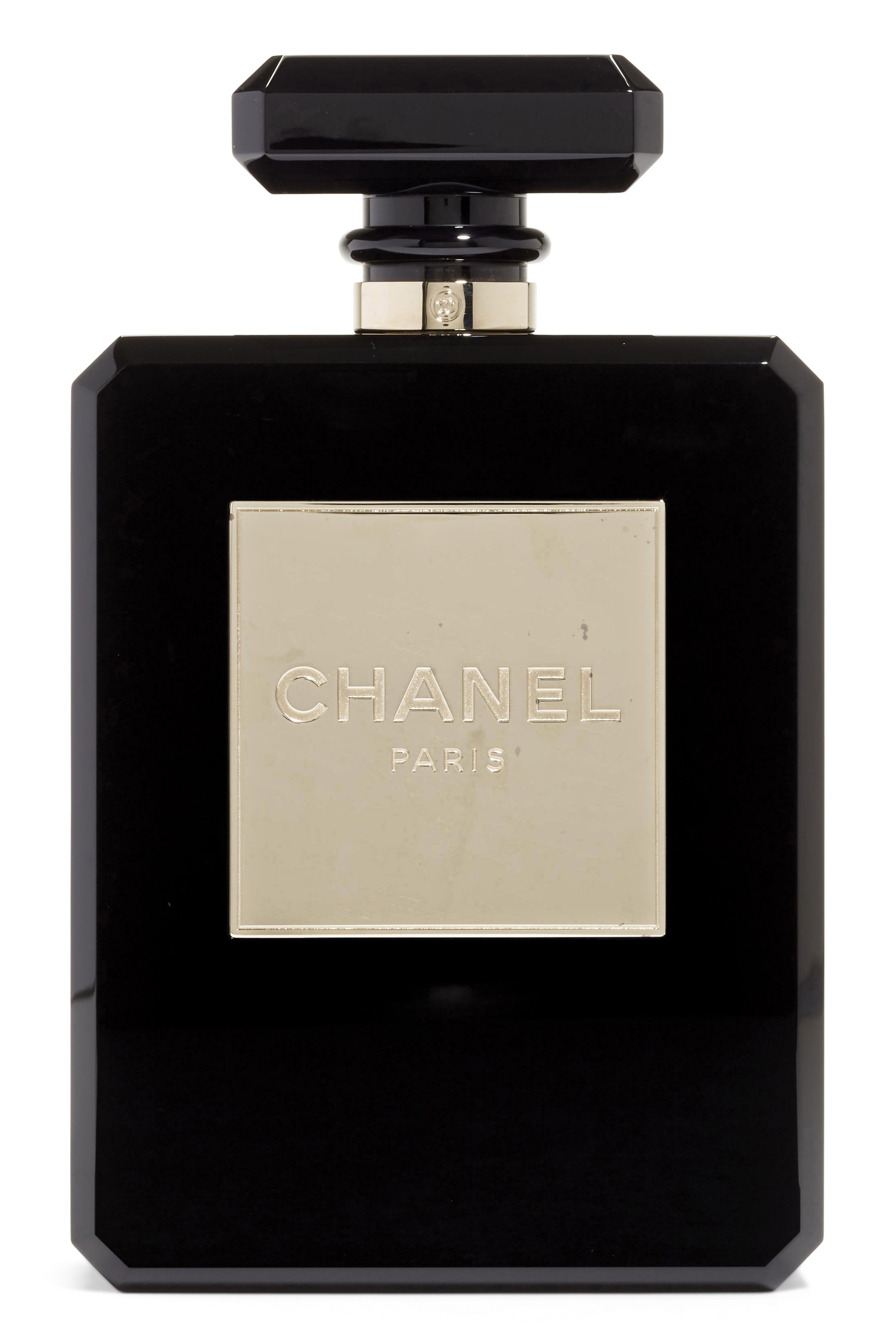 A RUNWAY BLACK LUCITE PERFUME BOTTLE CLUTCH WITH GOLD HARDWARE, CHANEL ...