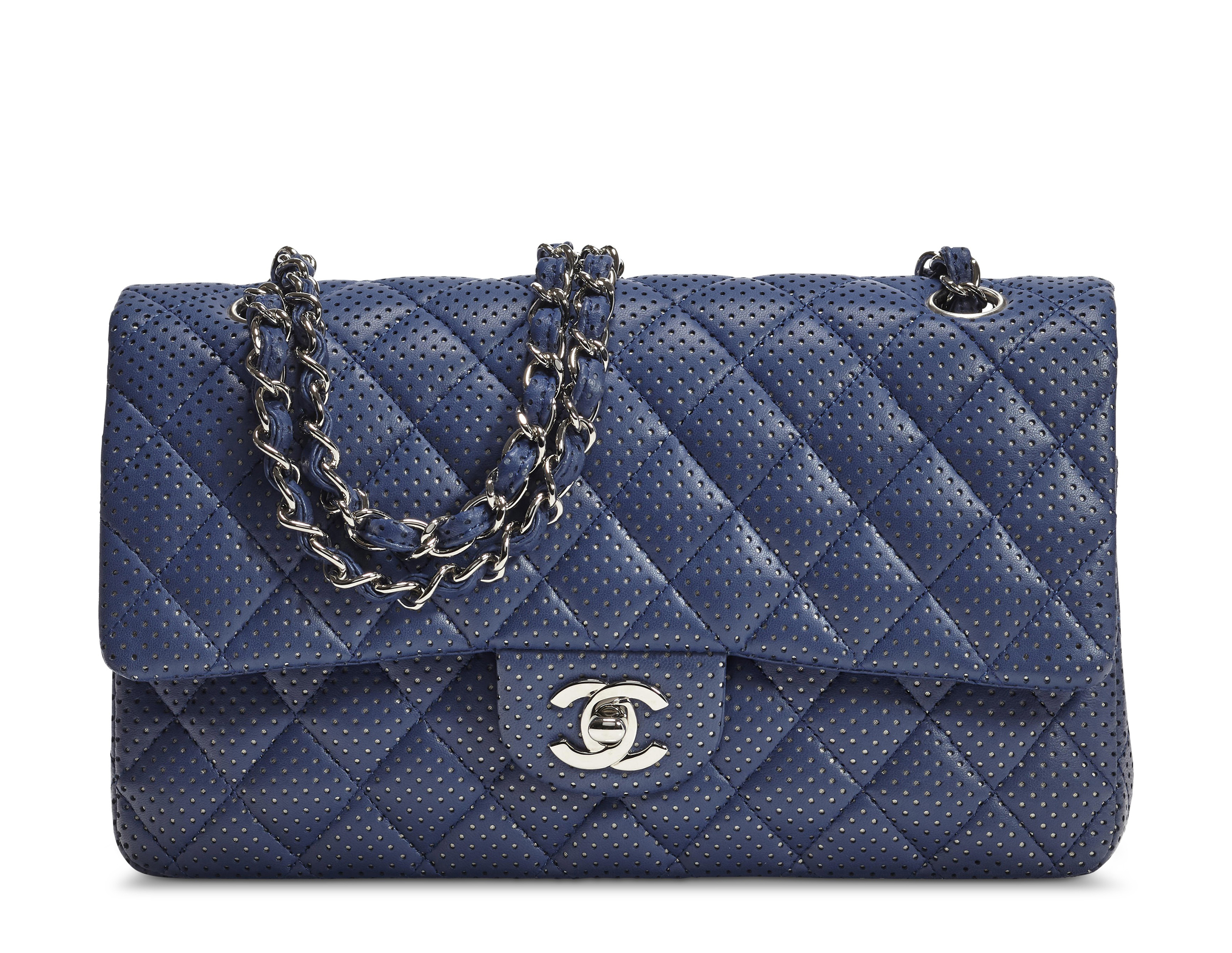 A BLUE PERFORATED LAMBSKIN LEATHER MEDIUM DOUBLE FLAP BAG WITH SILVER ...