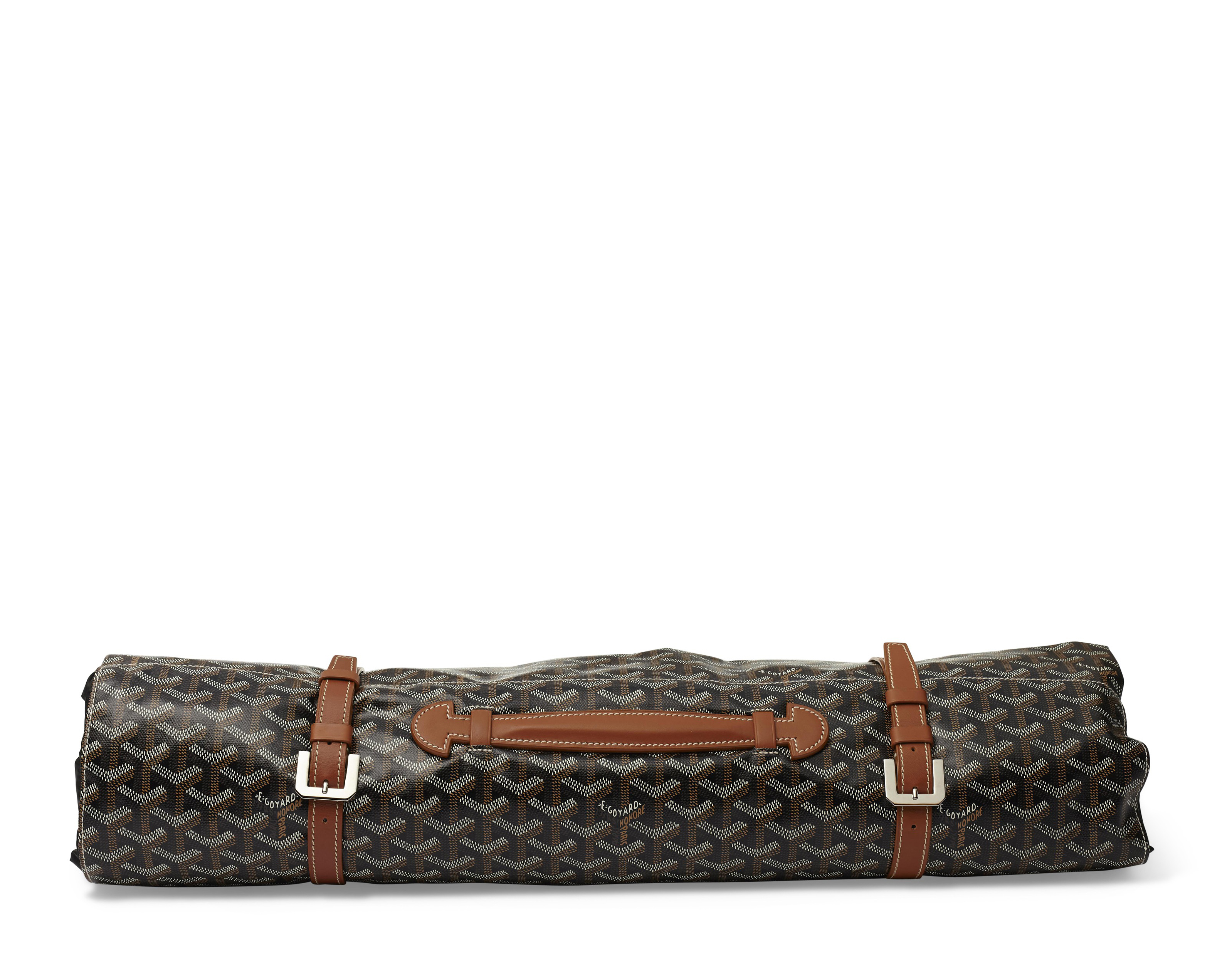 A BLACK GOYARDINE COATED CANVAS, BROWN COWHIDE LEATHER & GREEN PLAID ...