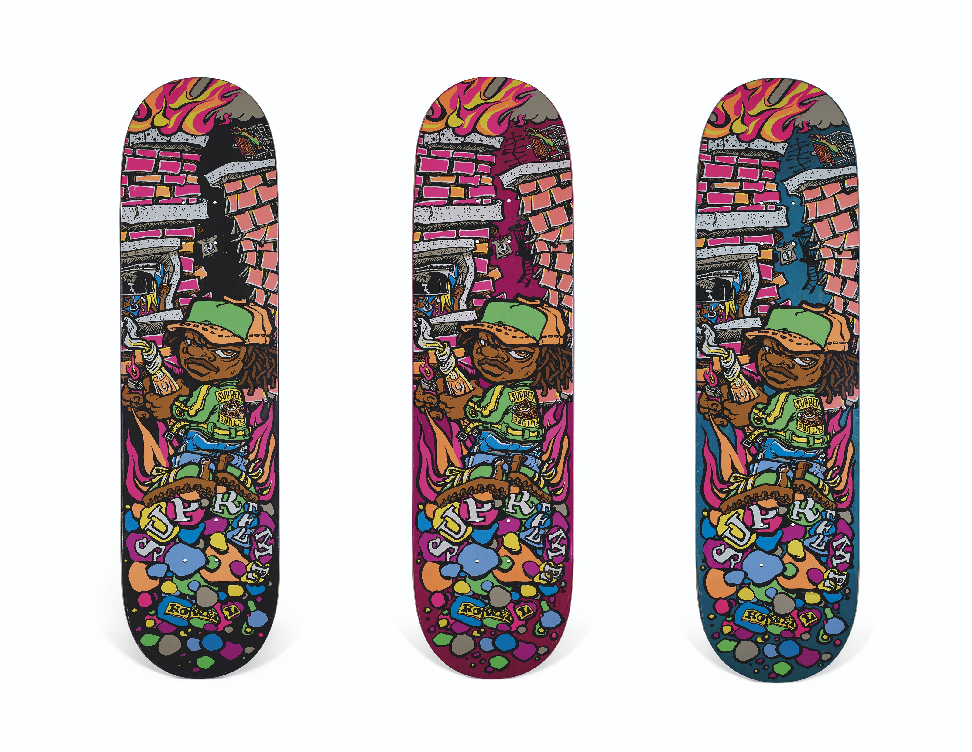 A SET OF THREE ANDY HOWELL MOLOTOV KID SKATEBOARDS, SUPREME, 2019 ...