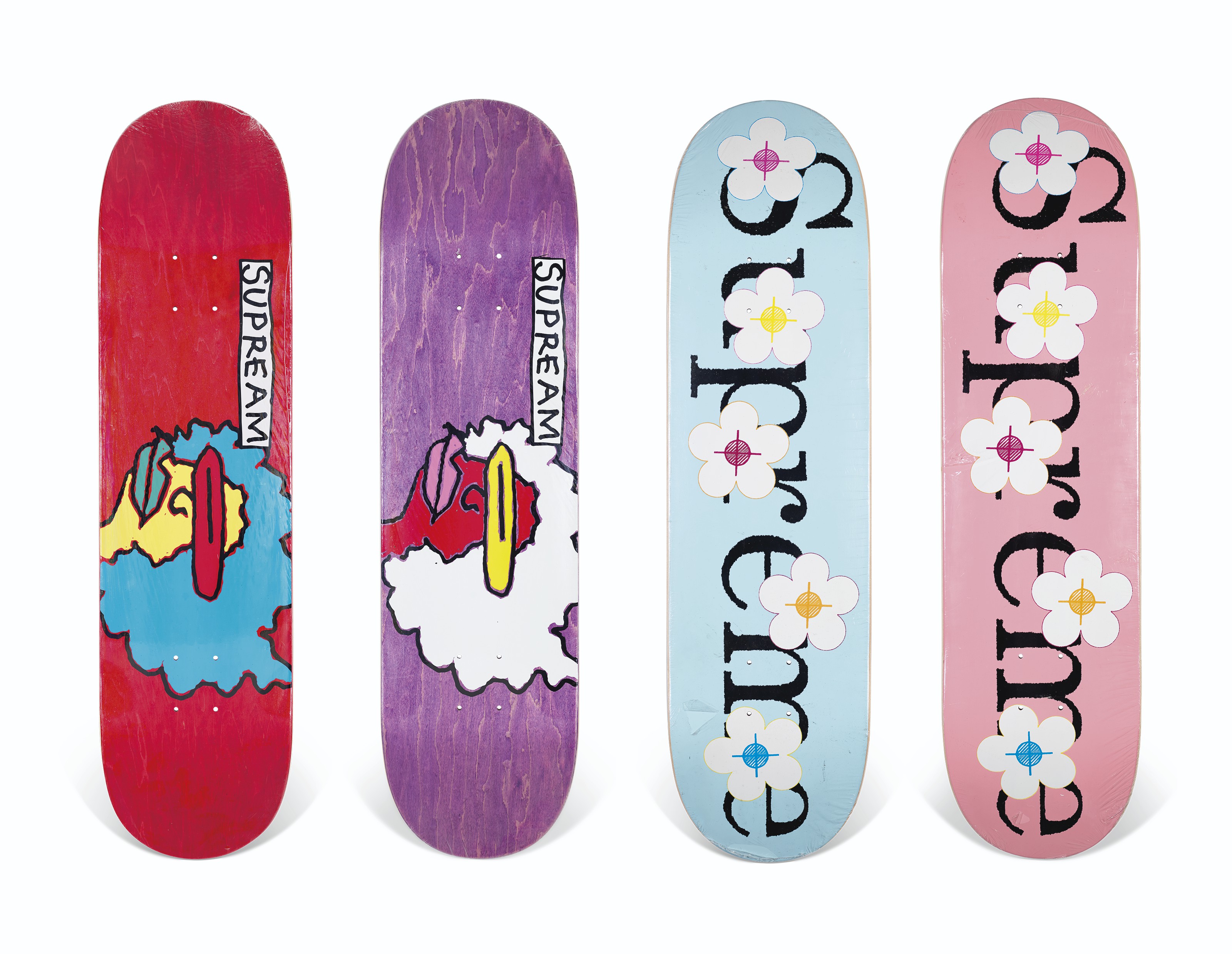A GROUP OF FOUR: TWO GONZ RAMM & TWO FLOWERS SKATEBOARDS, SUPREME2017 ...