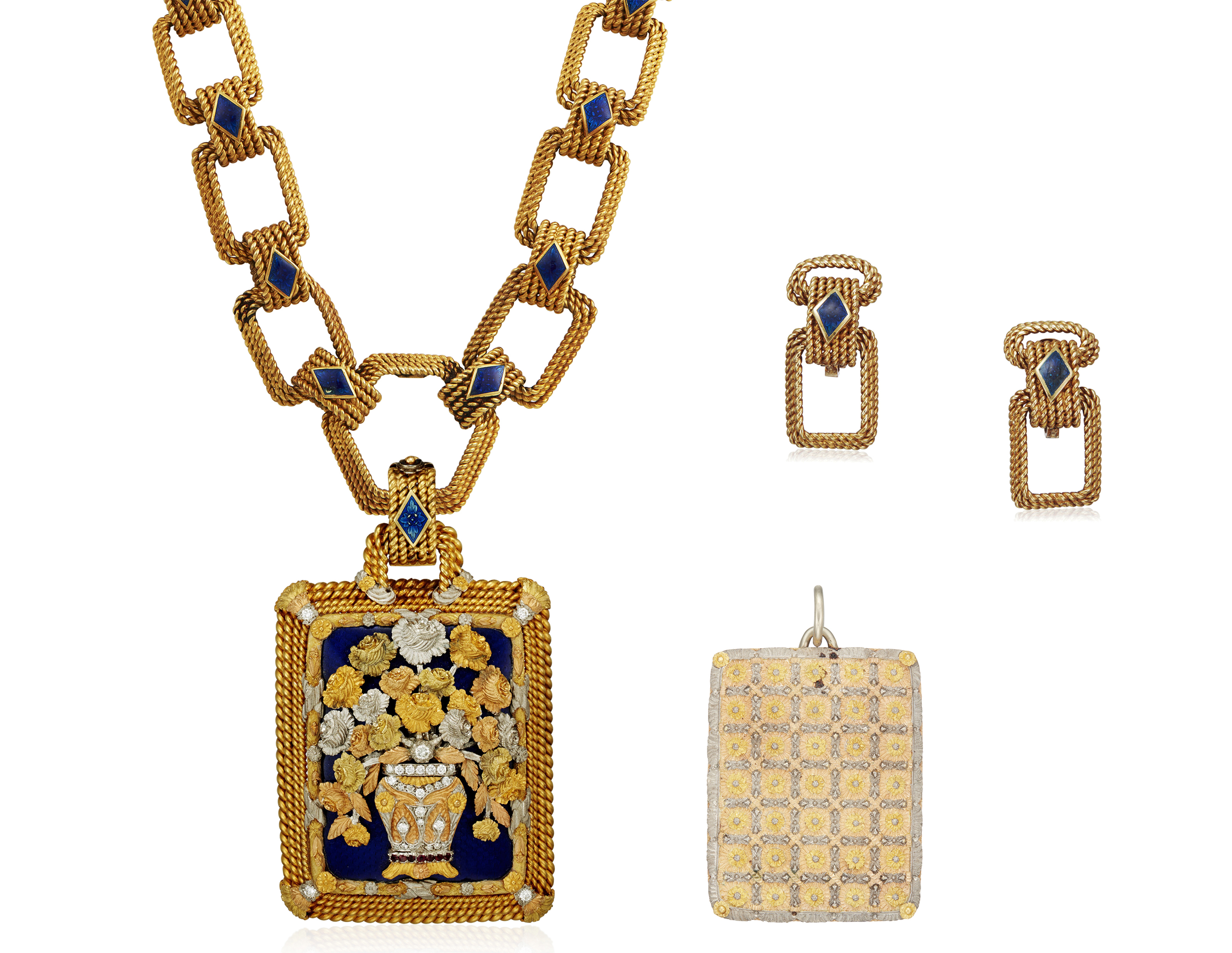 CAZZANIGA DIAMOND, ENAMEL AND TRI-COLOR GOLD SET OF JEWELRY, | Christie’s