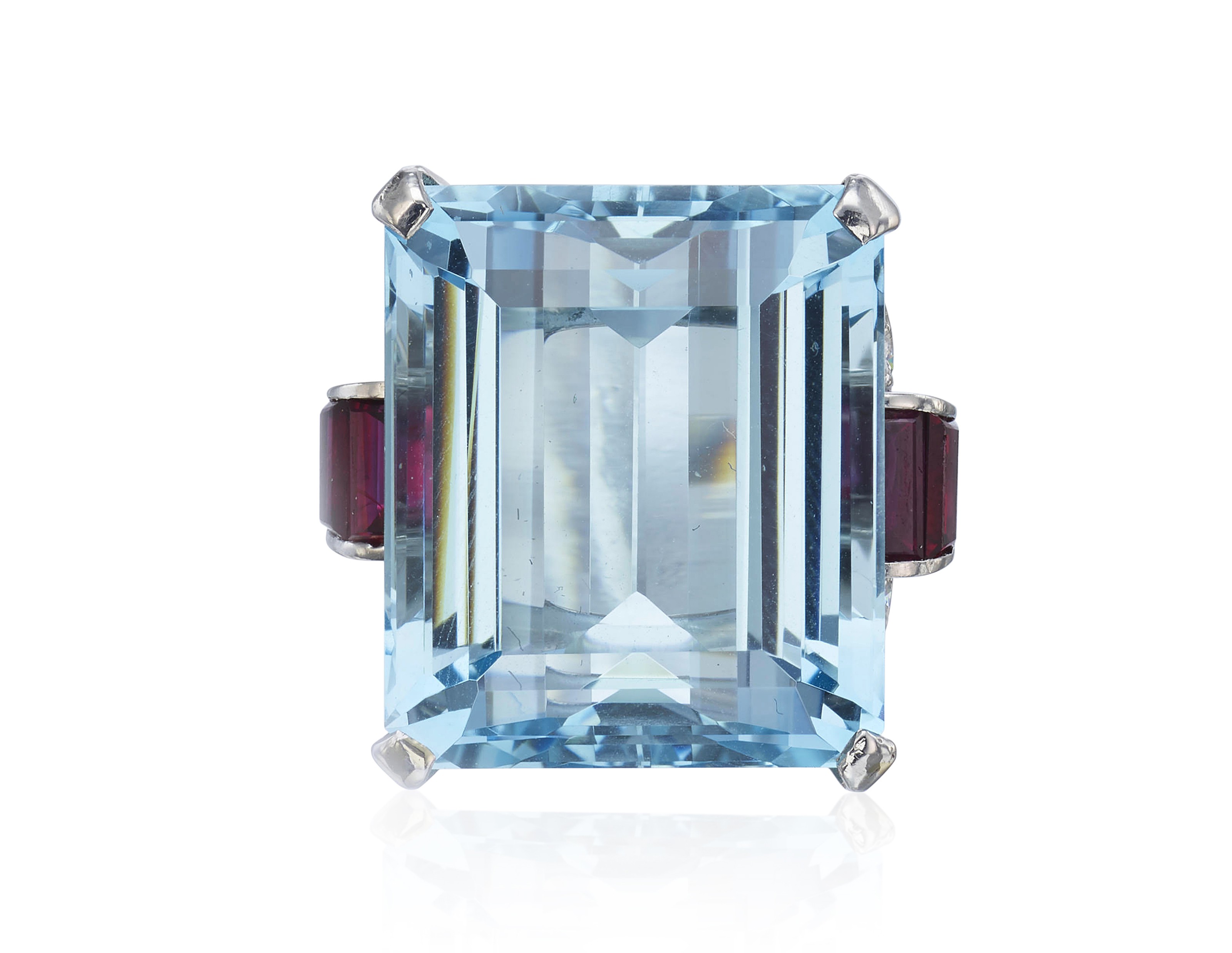 RETRO AQUAMARINE, DIAMOND AND RUBY RING, | Christie’s
