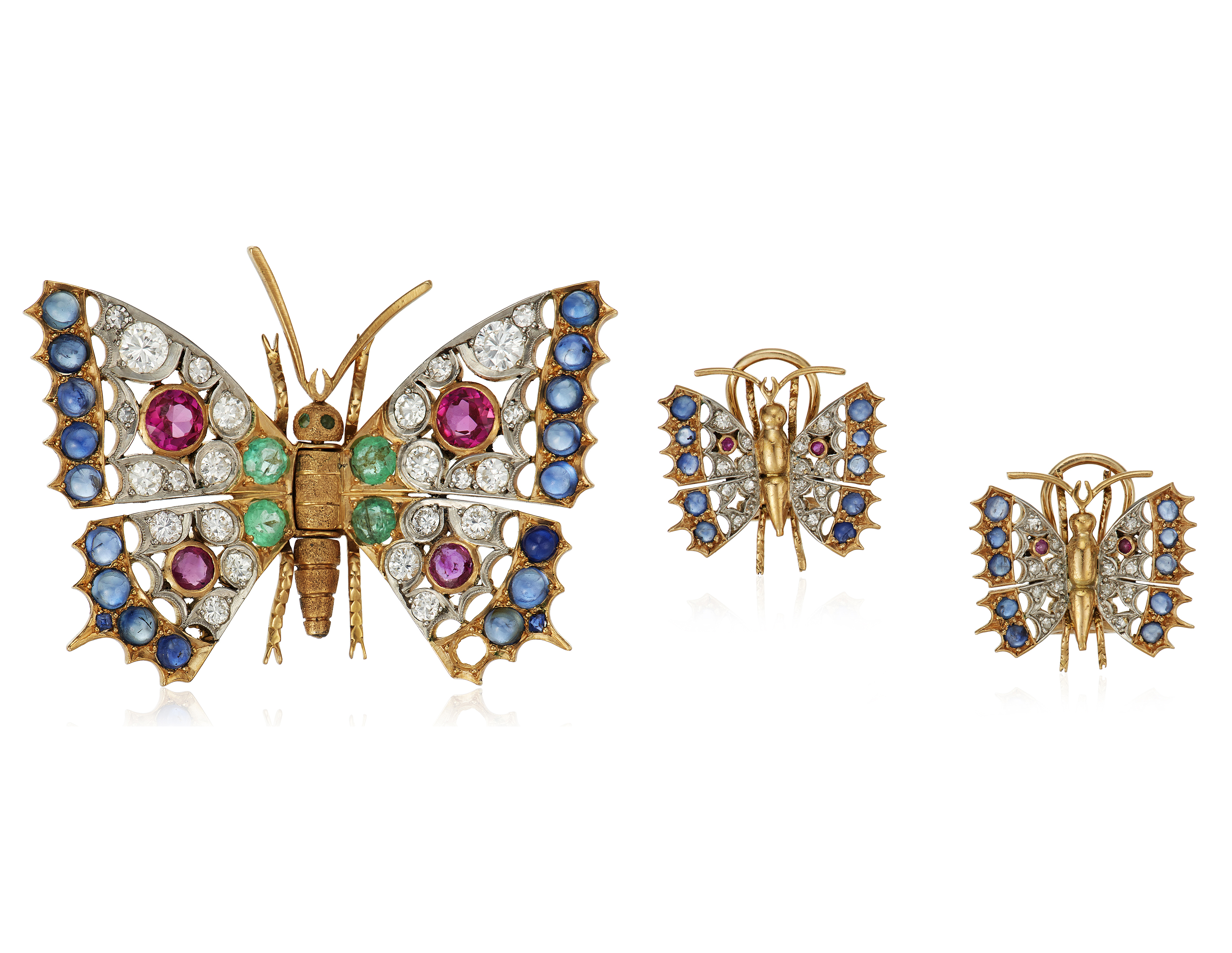 DIAMOND AND MULTI-GEM BUTTERFLY BROOCH AND EARRINGS, | Christie’s