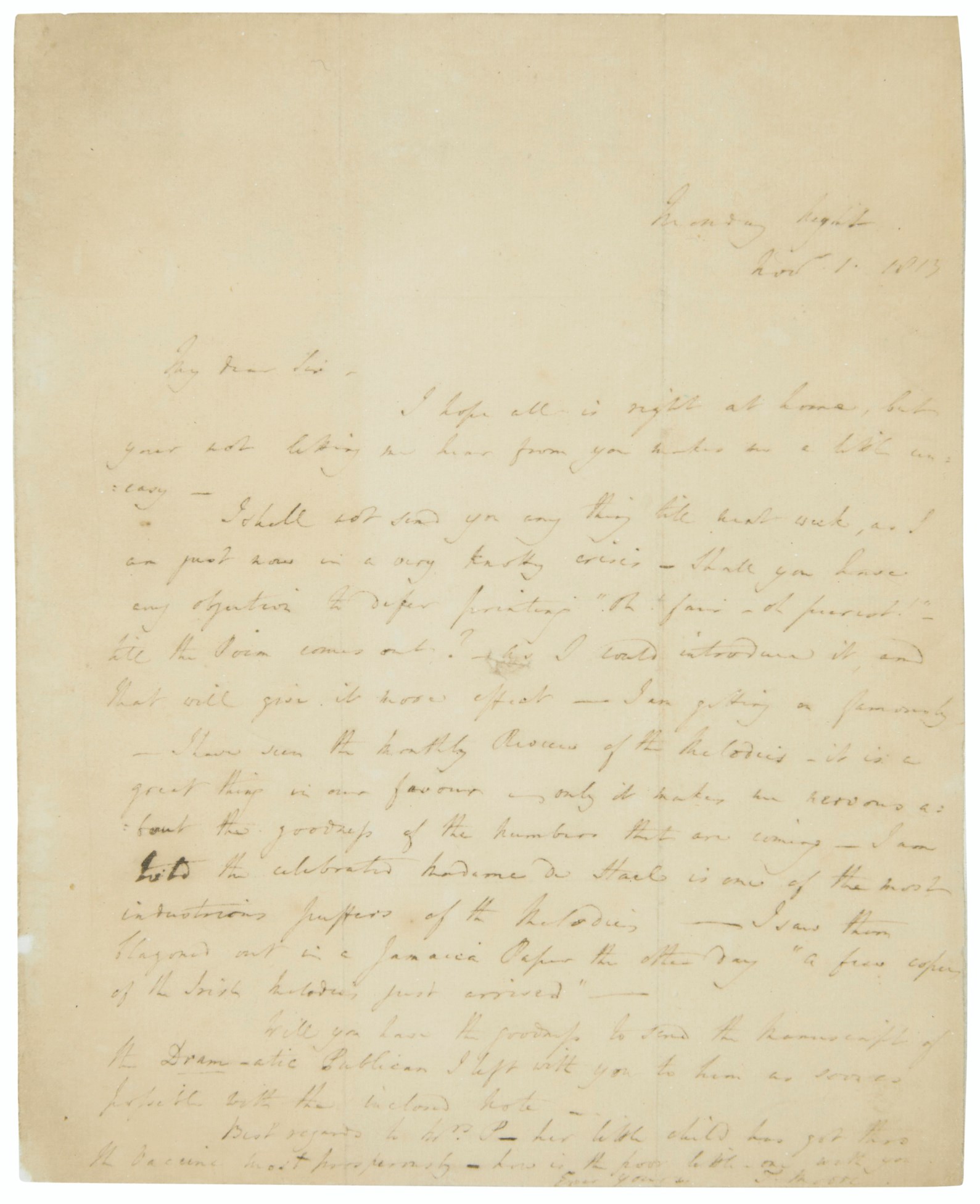 The Irish poet writes to his publisher, Thomas Moore, 1813 | Christie's