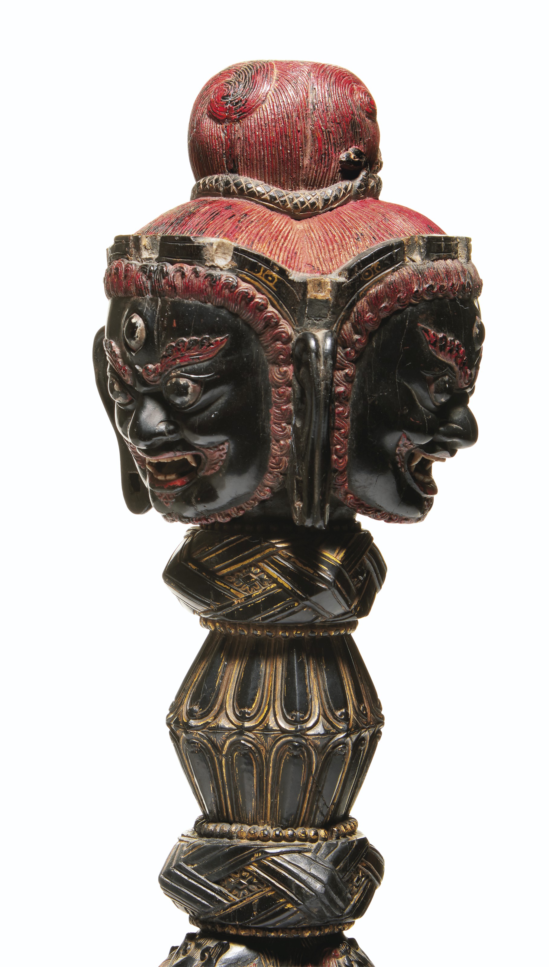 A VERY RARE POLYCHROMED AND GILT-EBONY THREE-FACED PHURBA