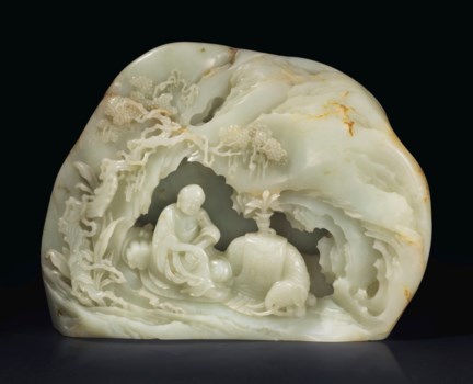 A LARGE AND FINELY CARVED WHITE JADE "LUOHAN" BOULDER