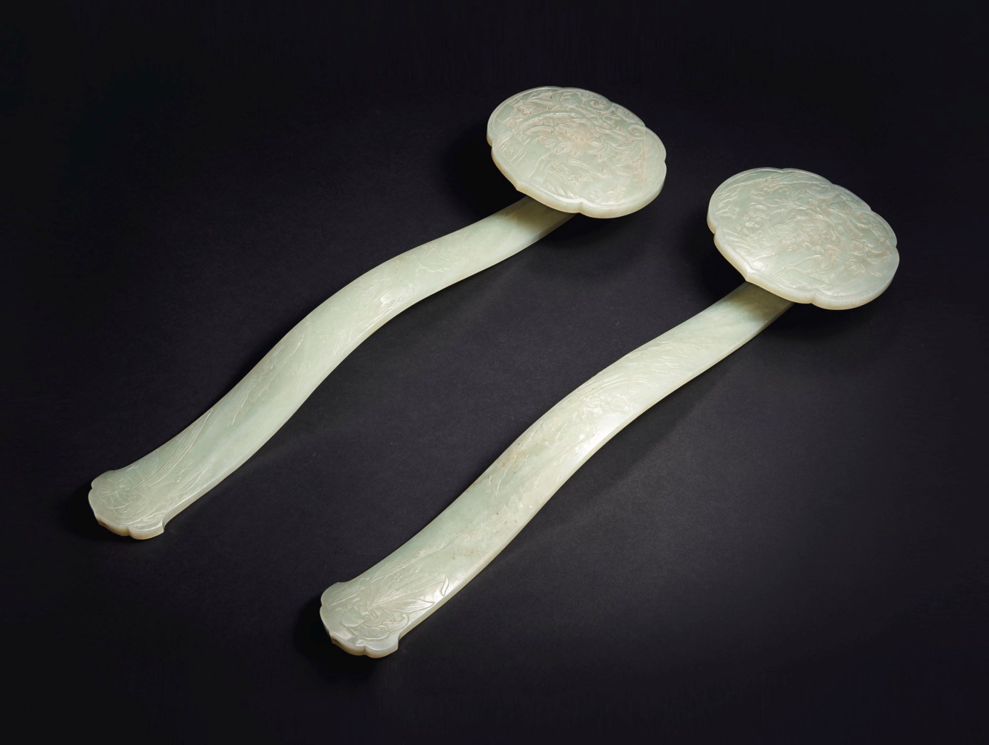 A PAIR OF LARGE PALE GREENISH GREY JADE RUYI SCEPTERS, CHINA, QING ...