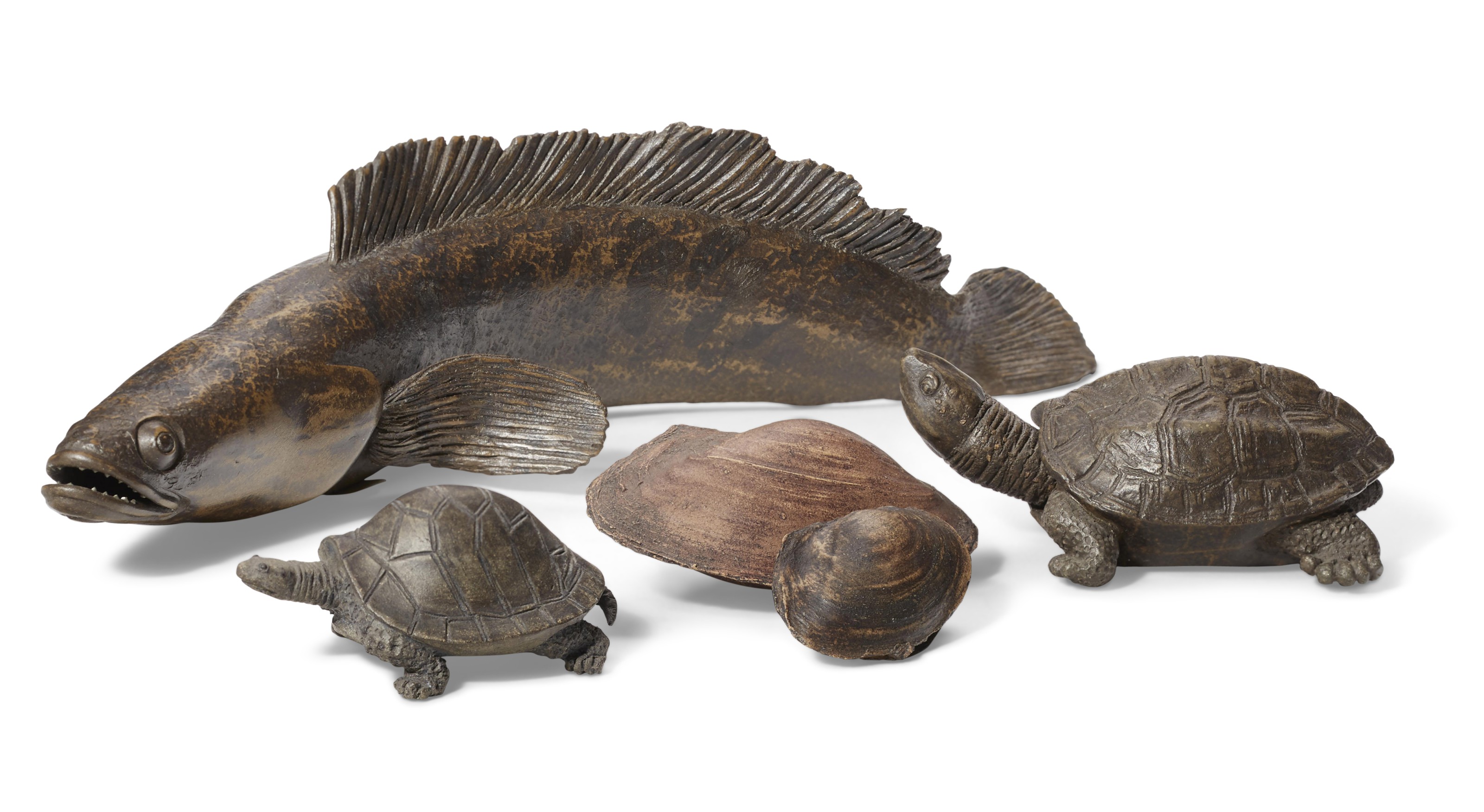 A GROUP OF FIVE YIXING MODELS OF AQUATIC ANIMALS, 'AROUND TAIHU LAKE ...
