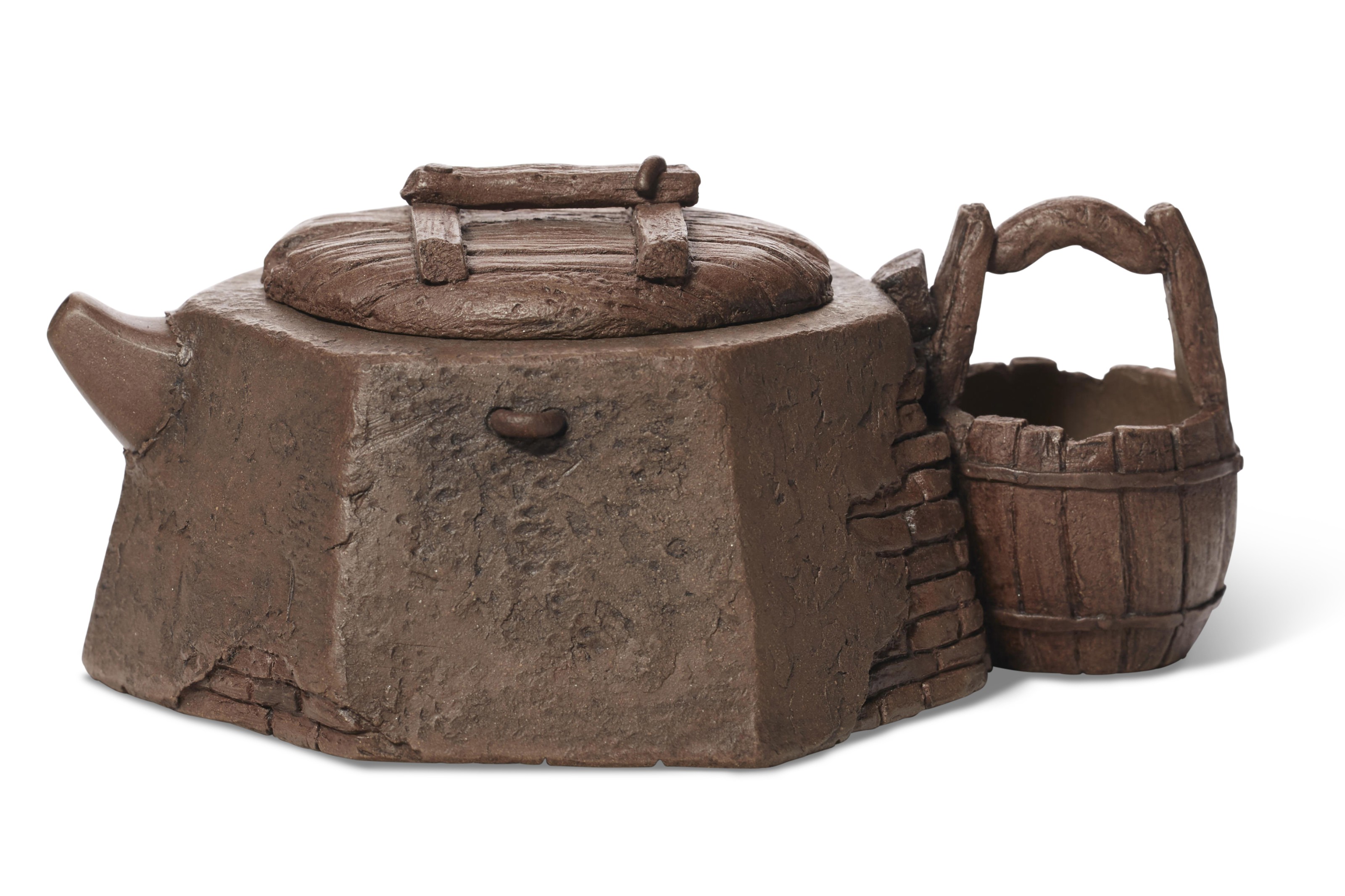 A YIXING TEAPOT AND COVER IN THE FORM OF A WELL HEAD, 'WELL TEAPOT ...