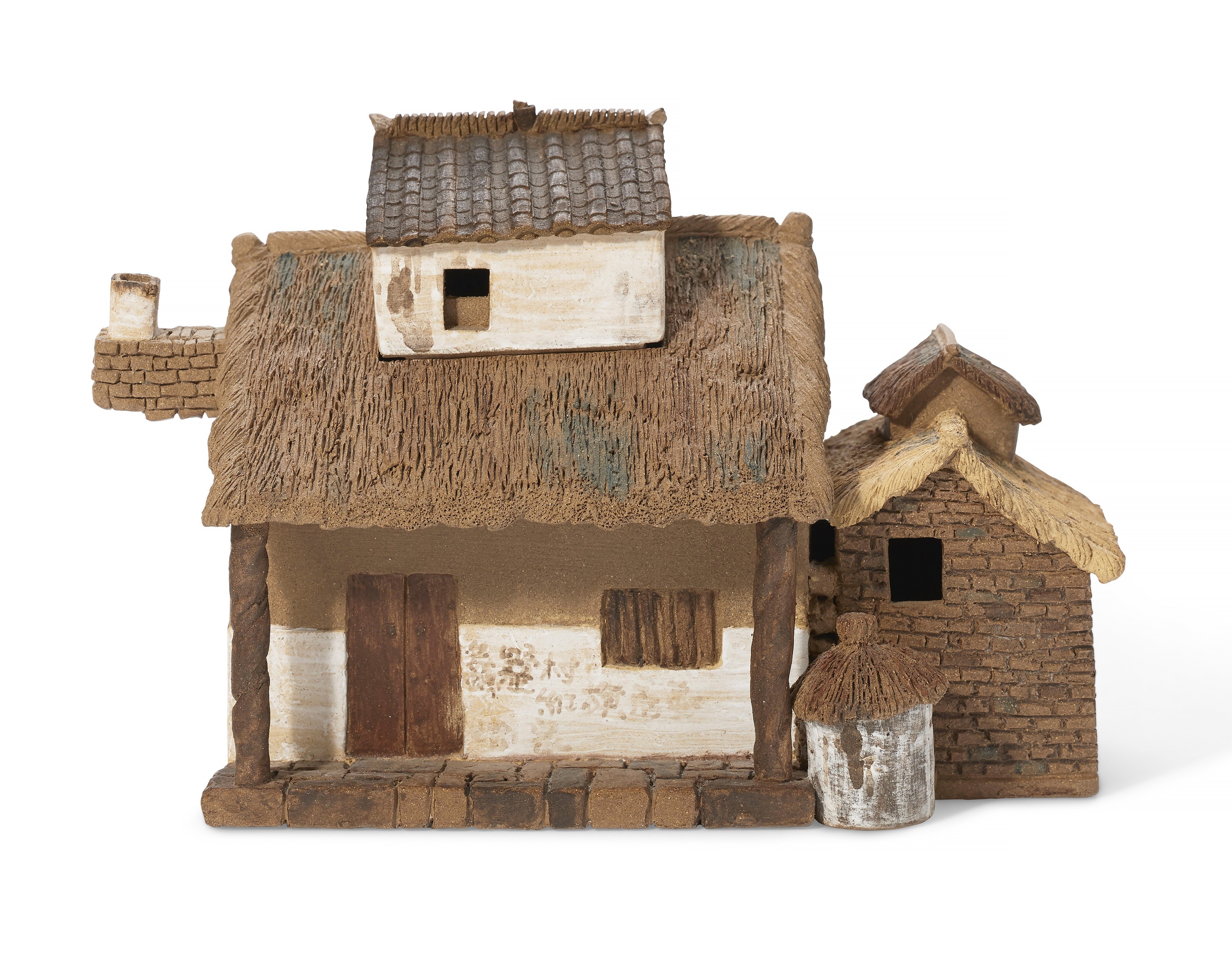 A YIXING TEAPOT AND COVER MODELED AS A GROUP OF THATCHED COTTAGES, 'OLD ...