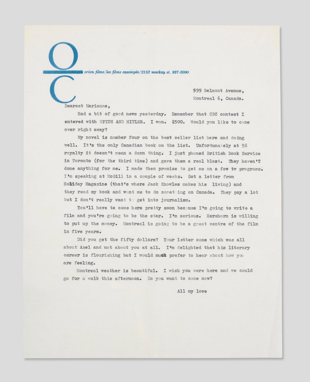 $500 for "Opium and Hitler", Montreal, 21 October 1963 | Christie’s