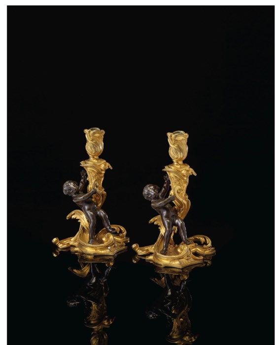 A PAIR OF LOUIS XV ORMOLU AND PATINATED-BRONZE CANDLESTICKS, AFTER THE ...