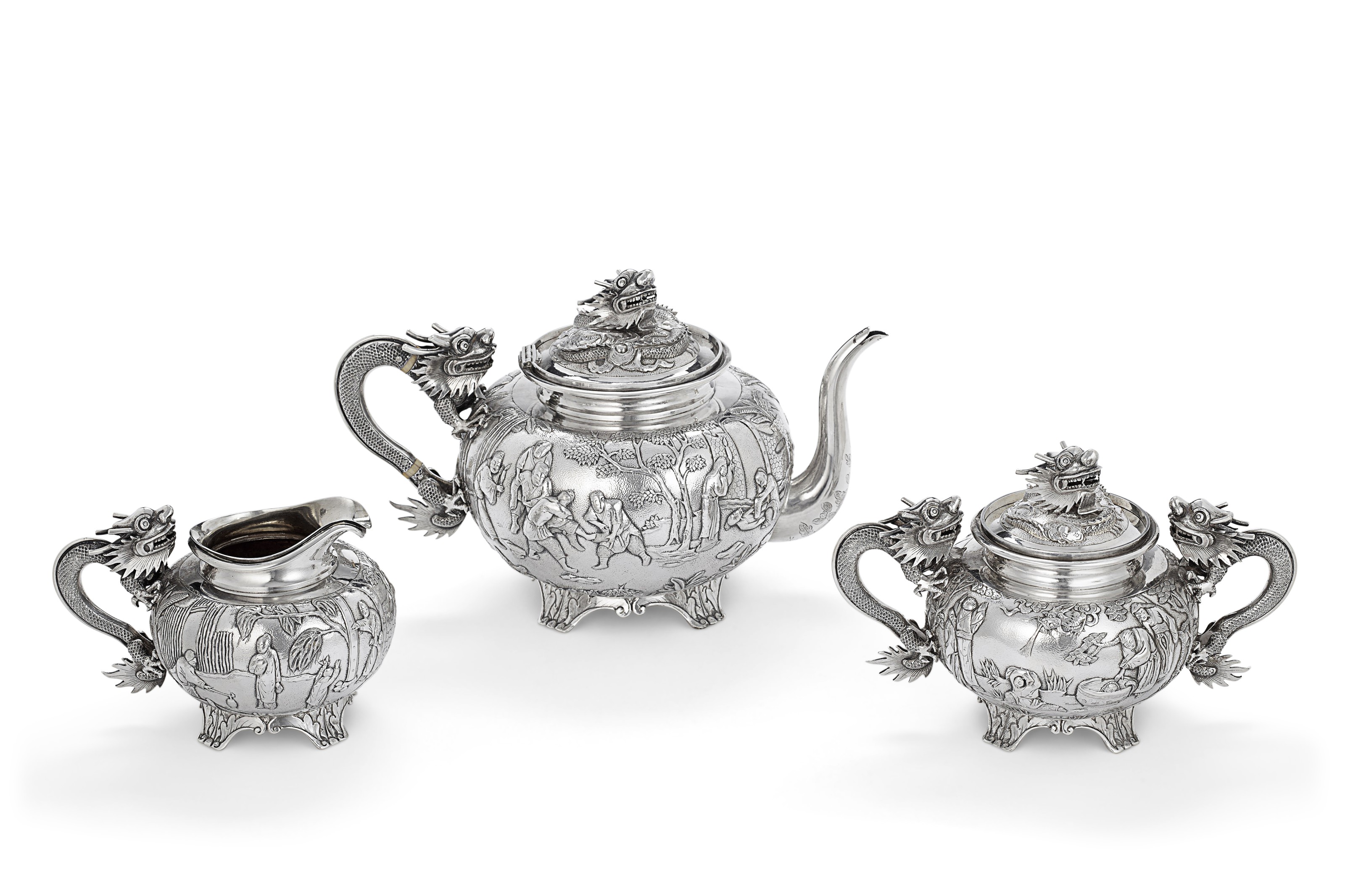 A CHINESE EXPORT SILVER THREE-PIECE TEA SET, MARK OF BO, CANTON ...