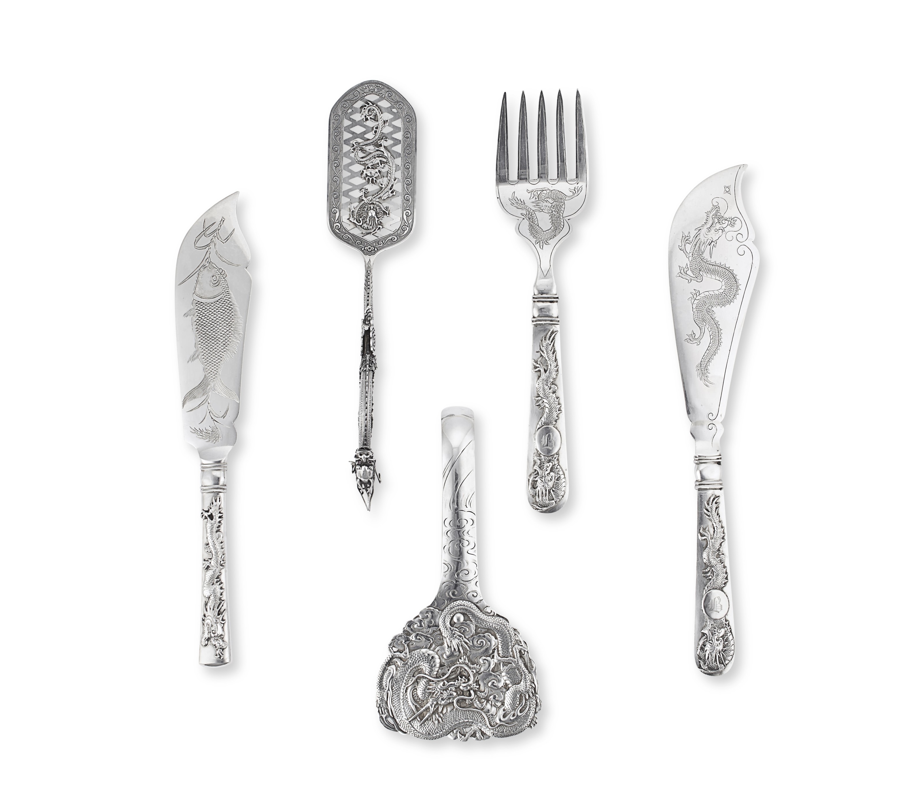 A GROUP OF FIVE CHINESE EXPORT SILVER FLATWARE SERVERS, VARIOUS MAKERS ...