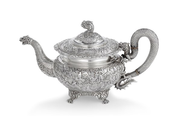 A FINE CHINESE EXPORT SILVER TEAPOT, MARK OF KHECHEONG, CANTON, SECOND ...