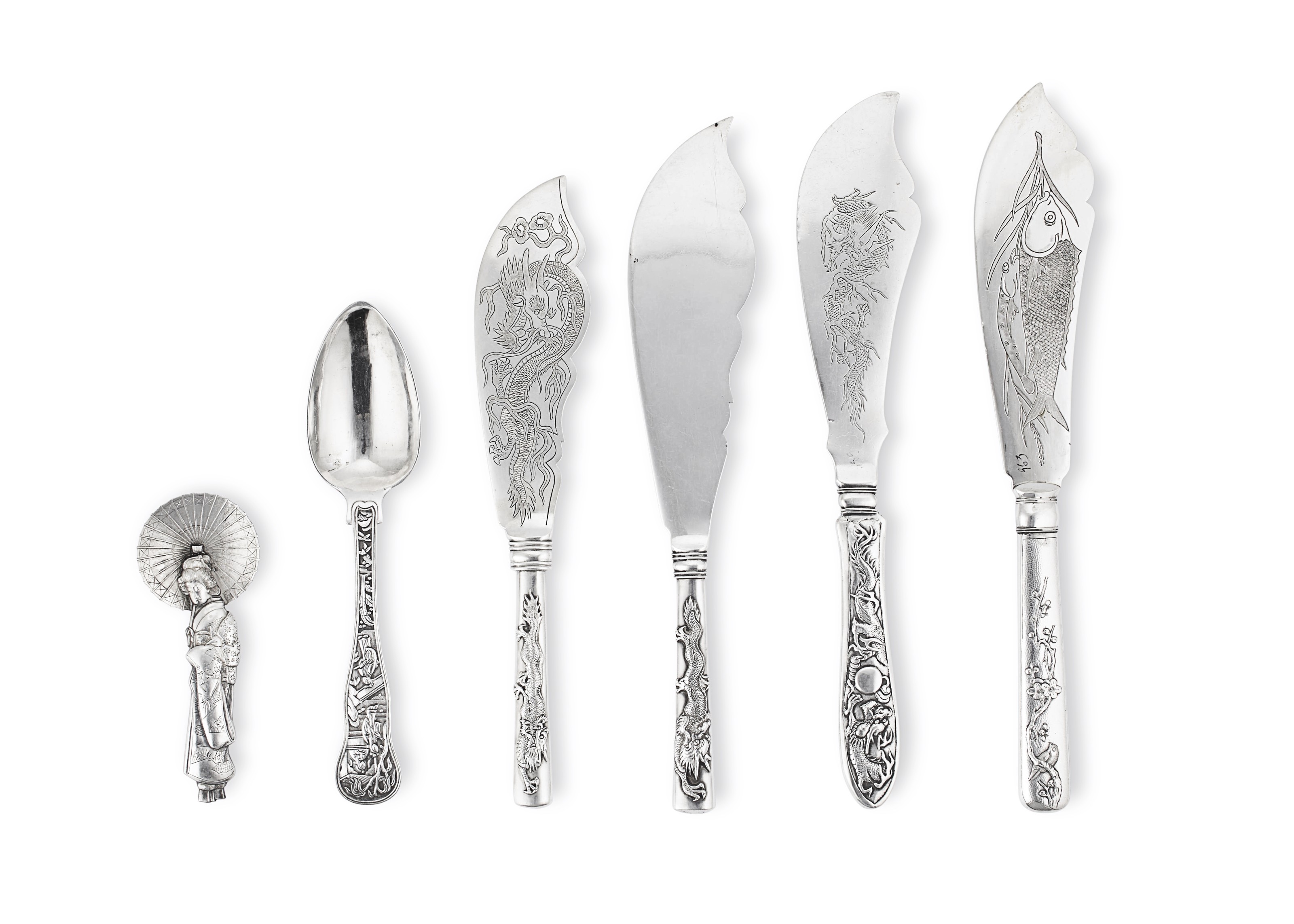 A GROUP OF FIVE CHINESE EXPORT SILVER FLATWARE SERVERS, VARIOUS MAKERS ...