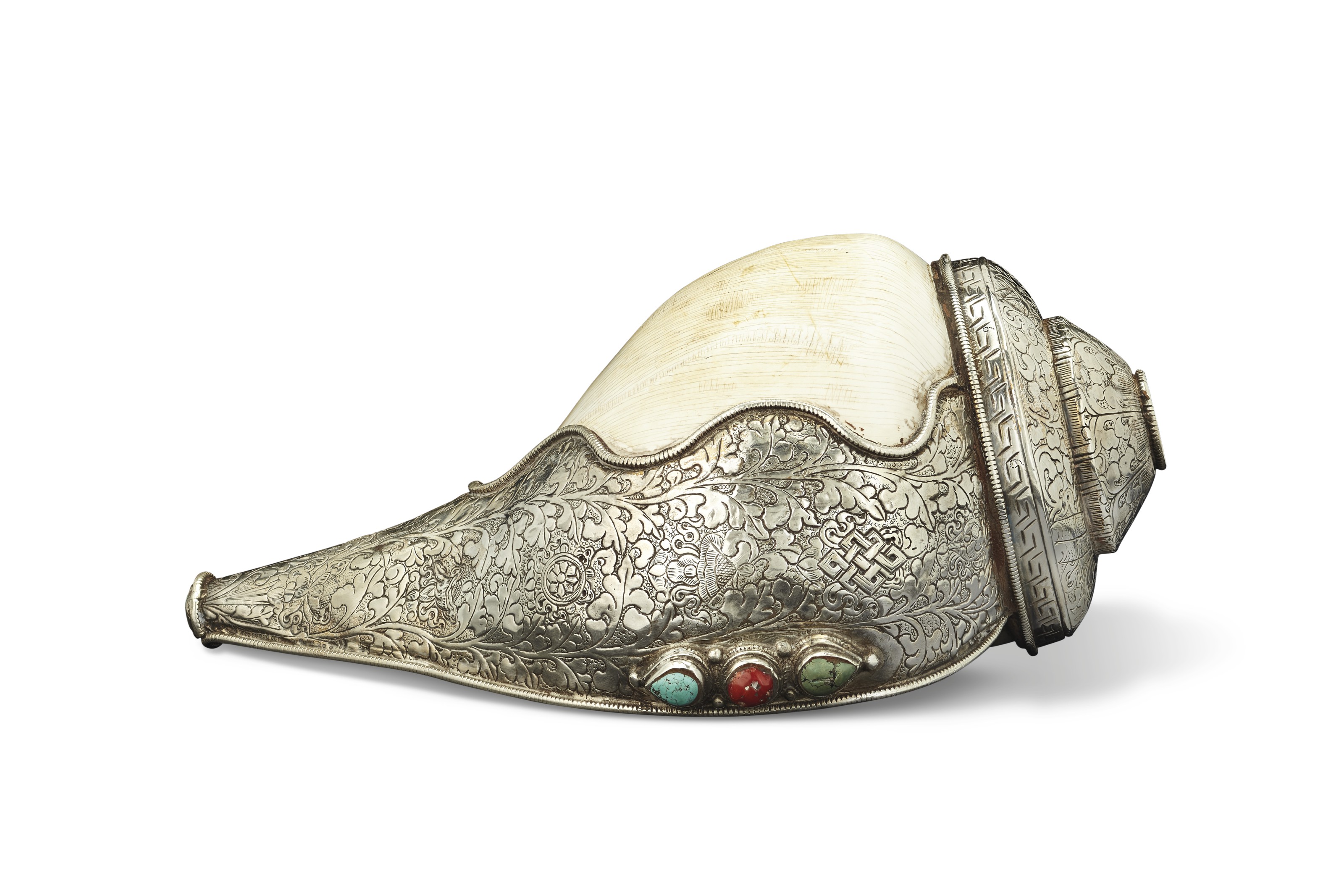A RITUAL CONCH WITH SILVERED-METAL MOUNT, MONGOLIA, EARLY 20TH CENTURY ...
