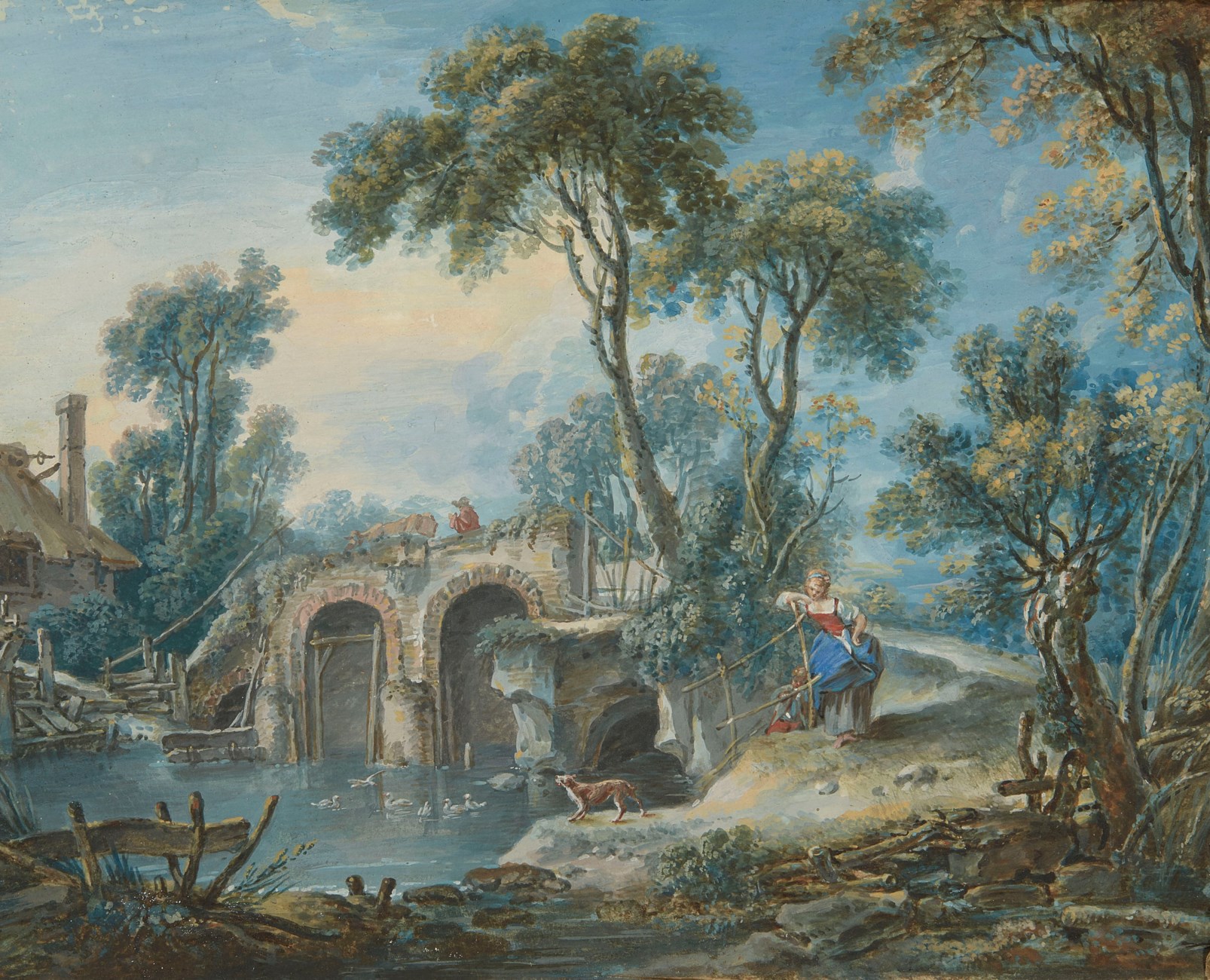 FRANÇOIS BOUCHER (PARIS 1703-1770), Pont dans un paysage avec femme ...