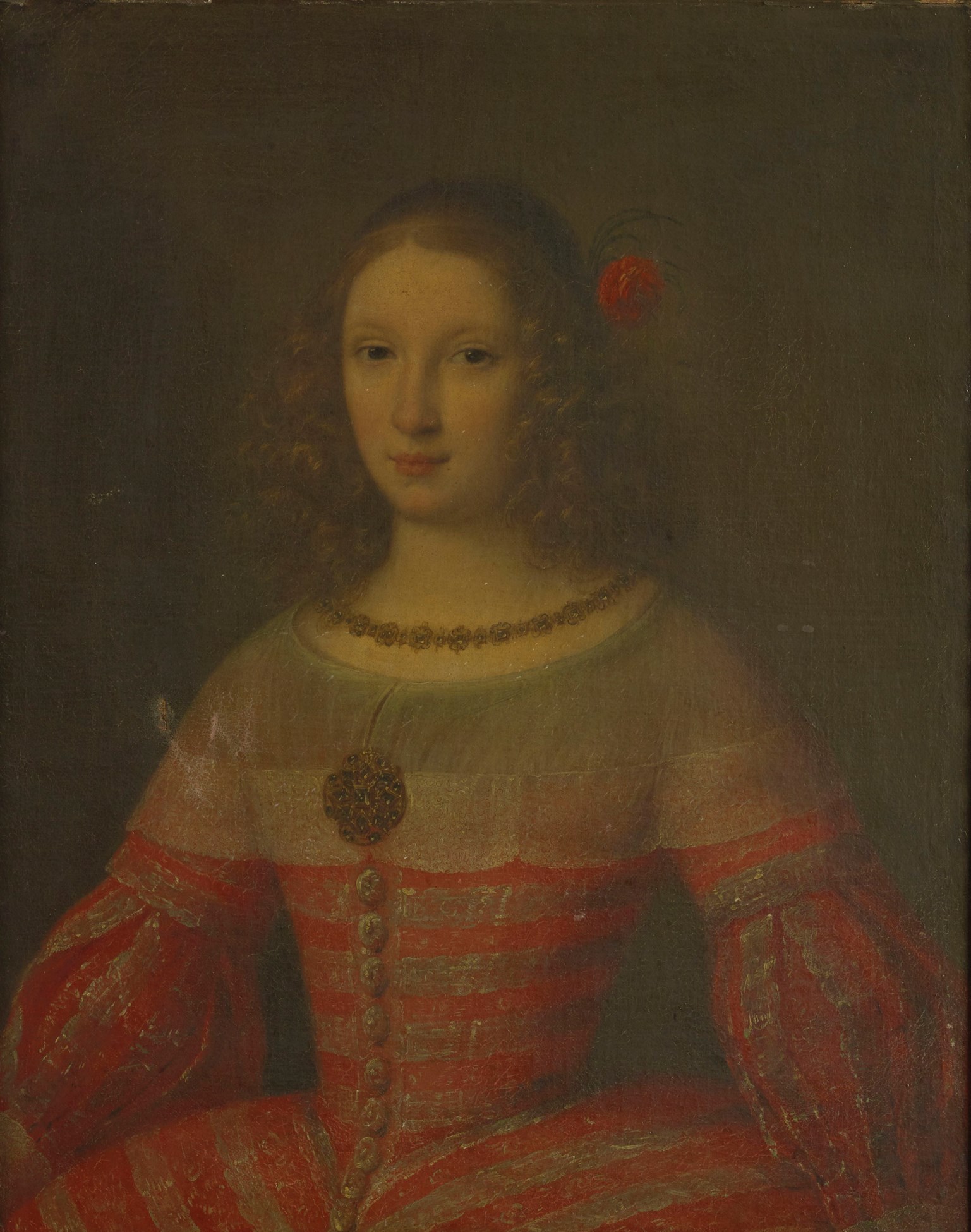 ECOLE MILANAISE VERS 1640, Portrait de jeune fille à la robe rouge et ...