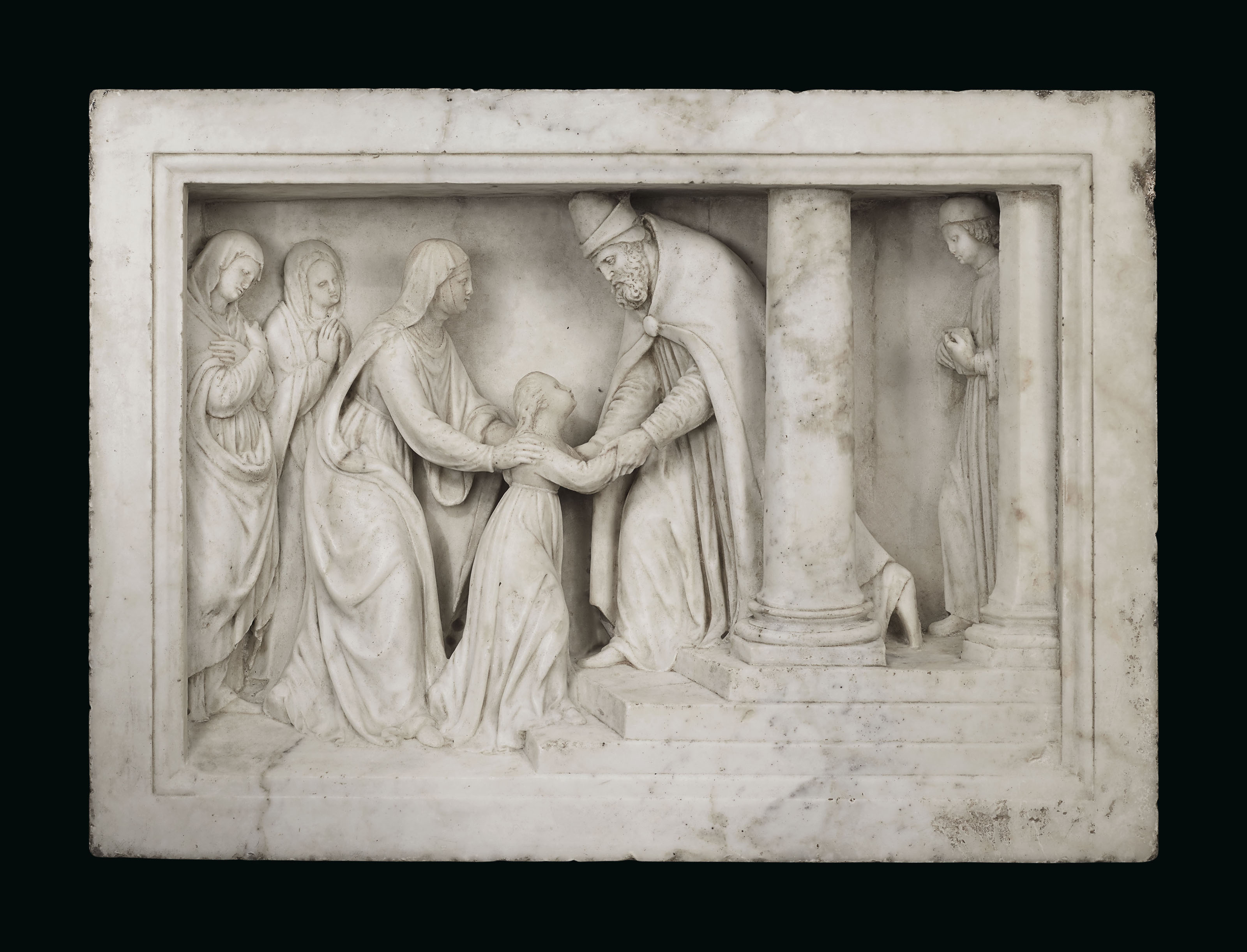 Haut-relief en marbre blanc veiné sculpté d'une scène avec Léda et le ...