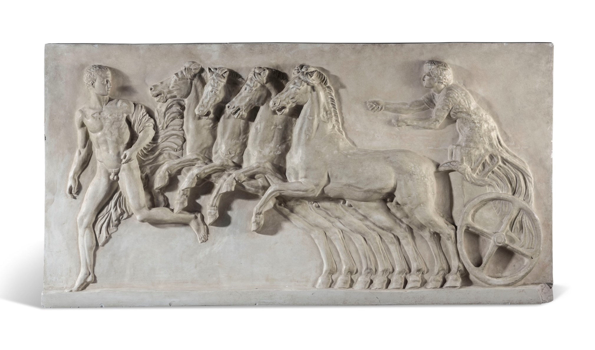 RELIEF EN PLATRE REPRESENTANT UN OLYMPIEN ET UN QUADRIGE CONDUIT PAR UN ...