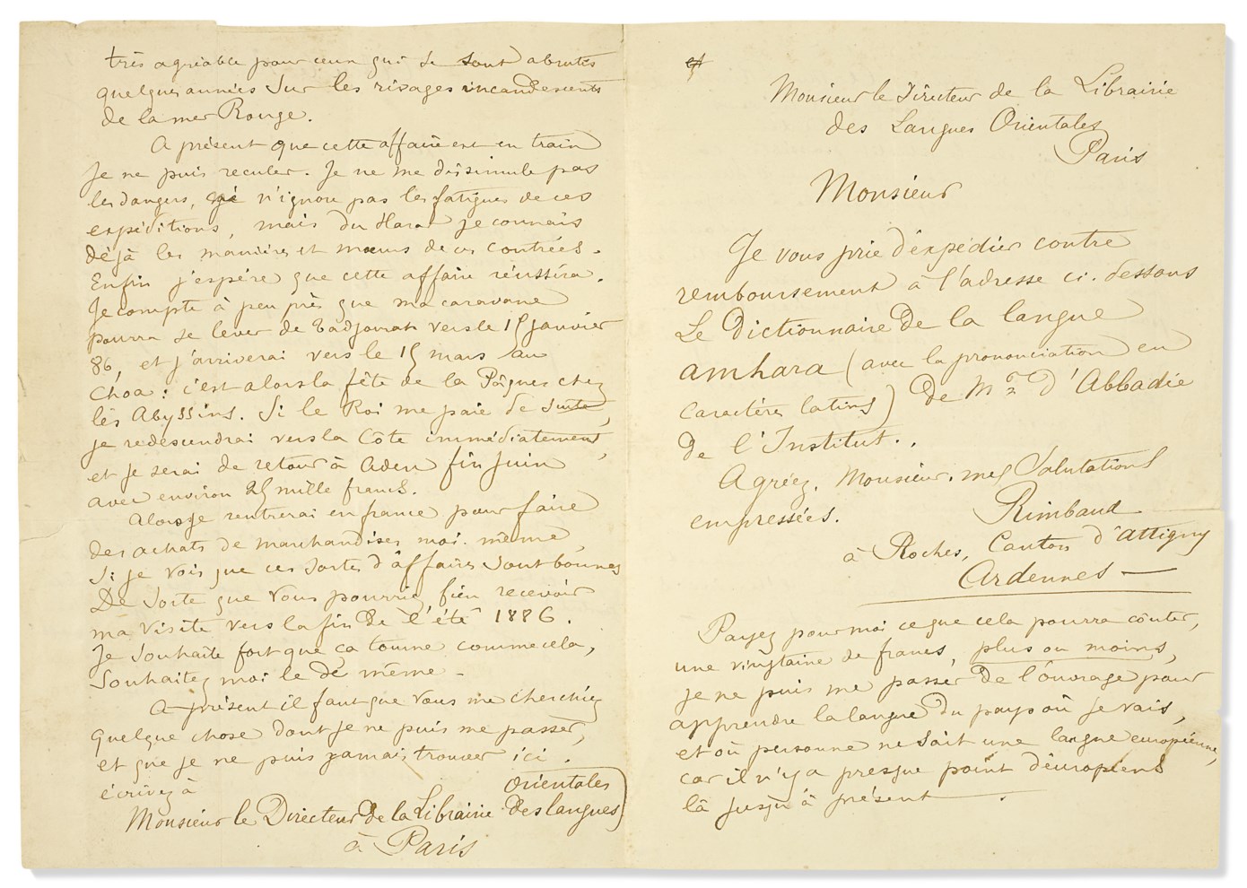 RIMBAUD, Arthur (1854-1891). Lettre autographe signée à sa famille ...