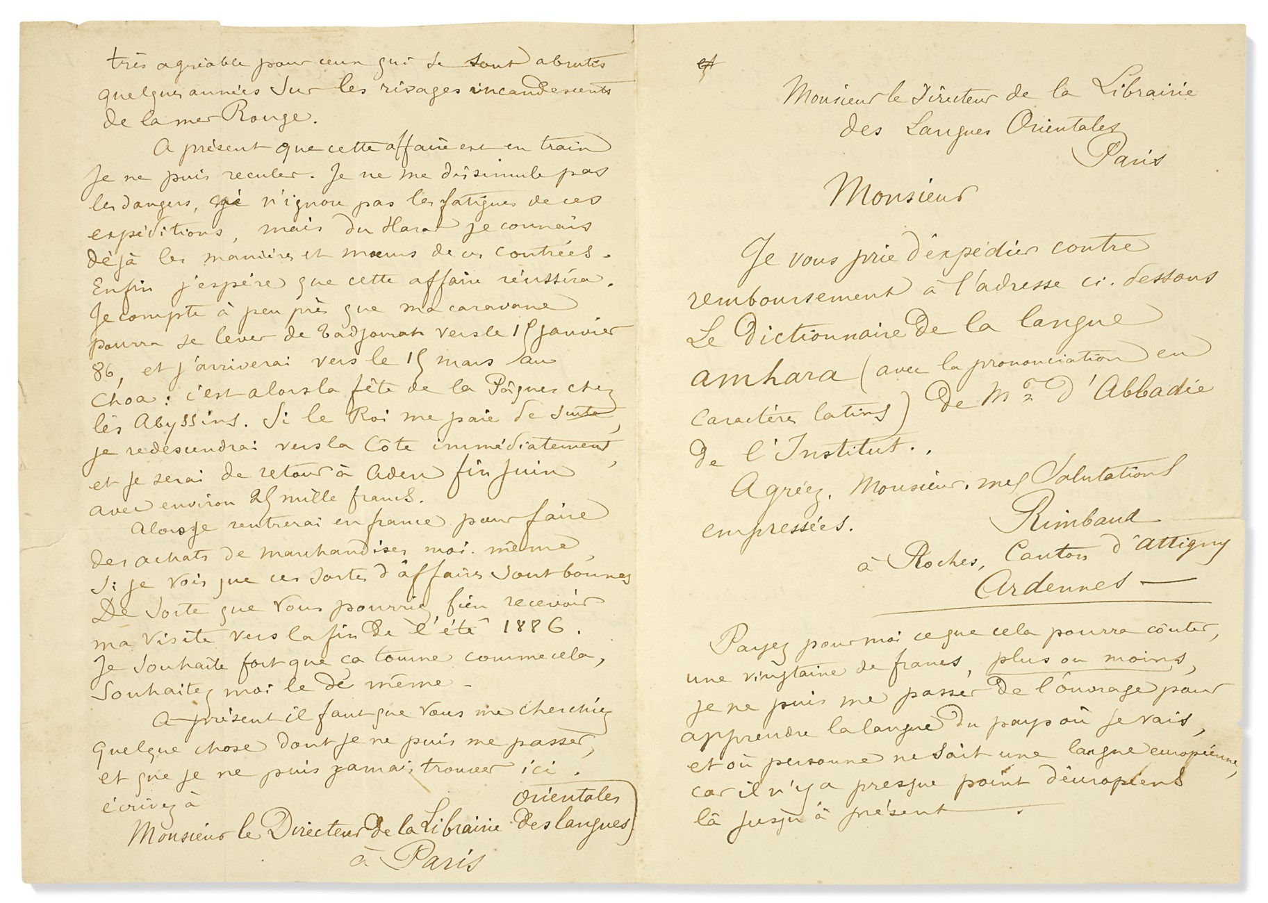 RIMBAUD, Arthur (1854-1891). Lettre autographe signée à sa famille ...