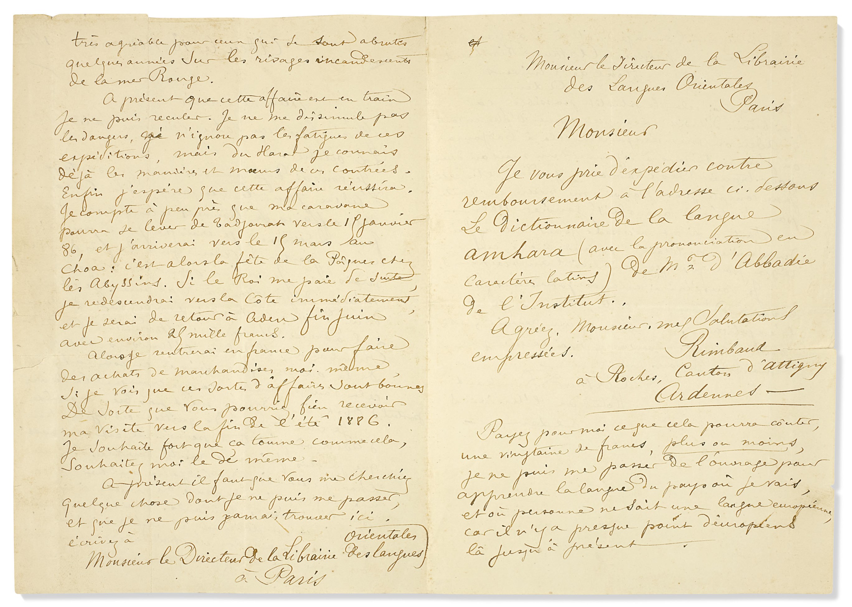 RIMBAUD, Arthur (1854-1891). Lettre autographe signée à sa famille ...