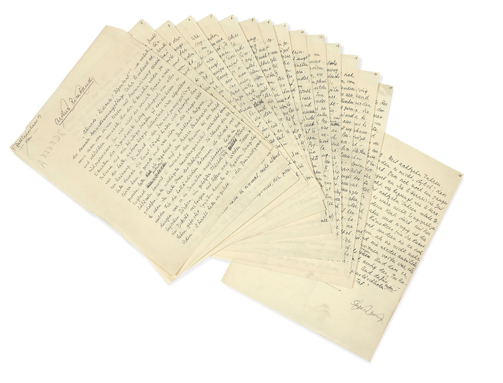 ZWEIG, Stefan (1881-1942). Arthur Rimbaud. Manuscrit autographe signé ...