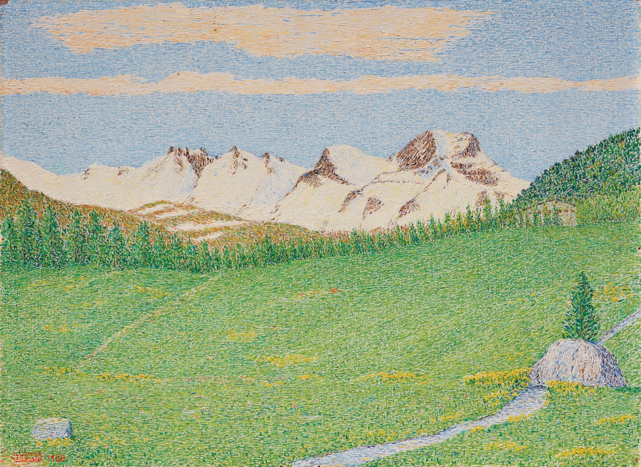 GOTTARDO SEGANTINI (1882-1974), Frühlingslandschaft mit Schneebergen ...