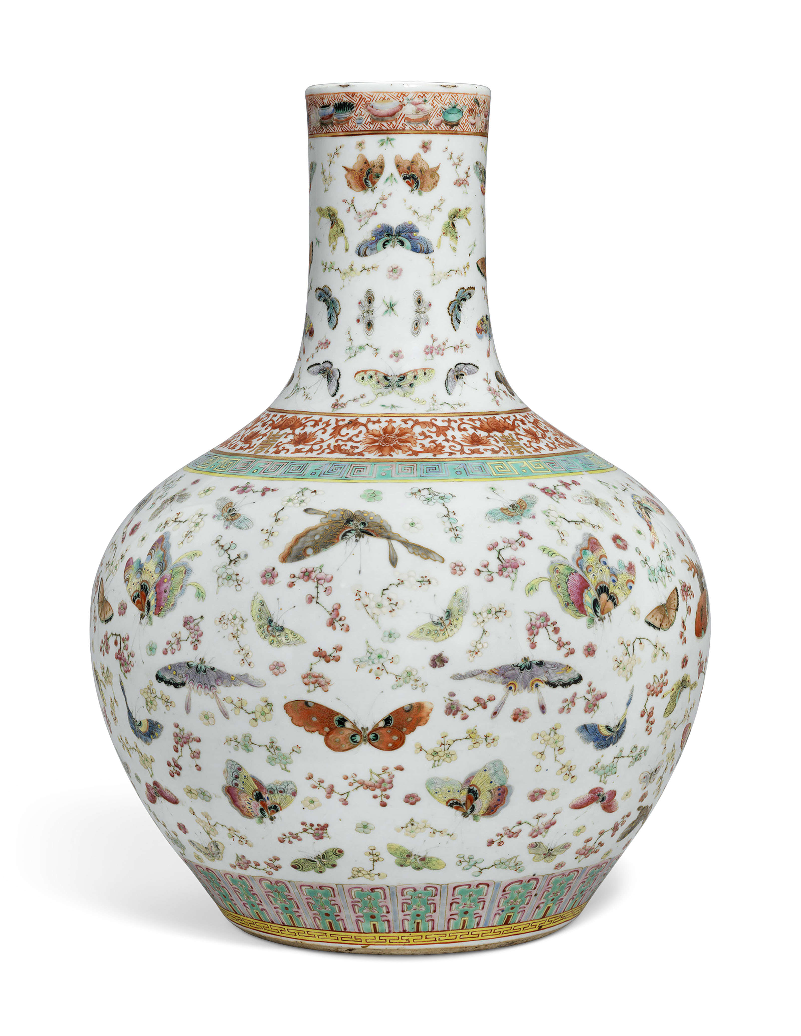 A LARGE FAMILLE ROSE 'BUTTERFLY AND PRUNUS' BOTTLE VASE, 19TH CENTURY ...
