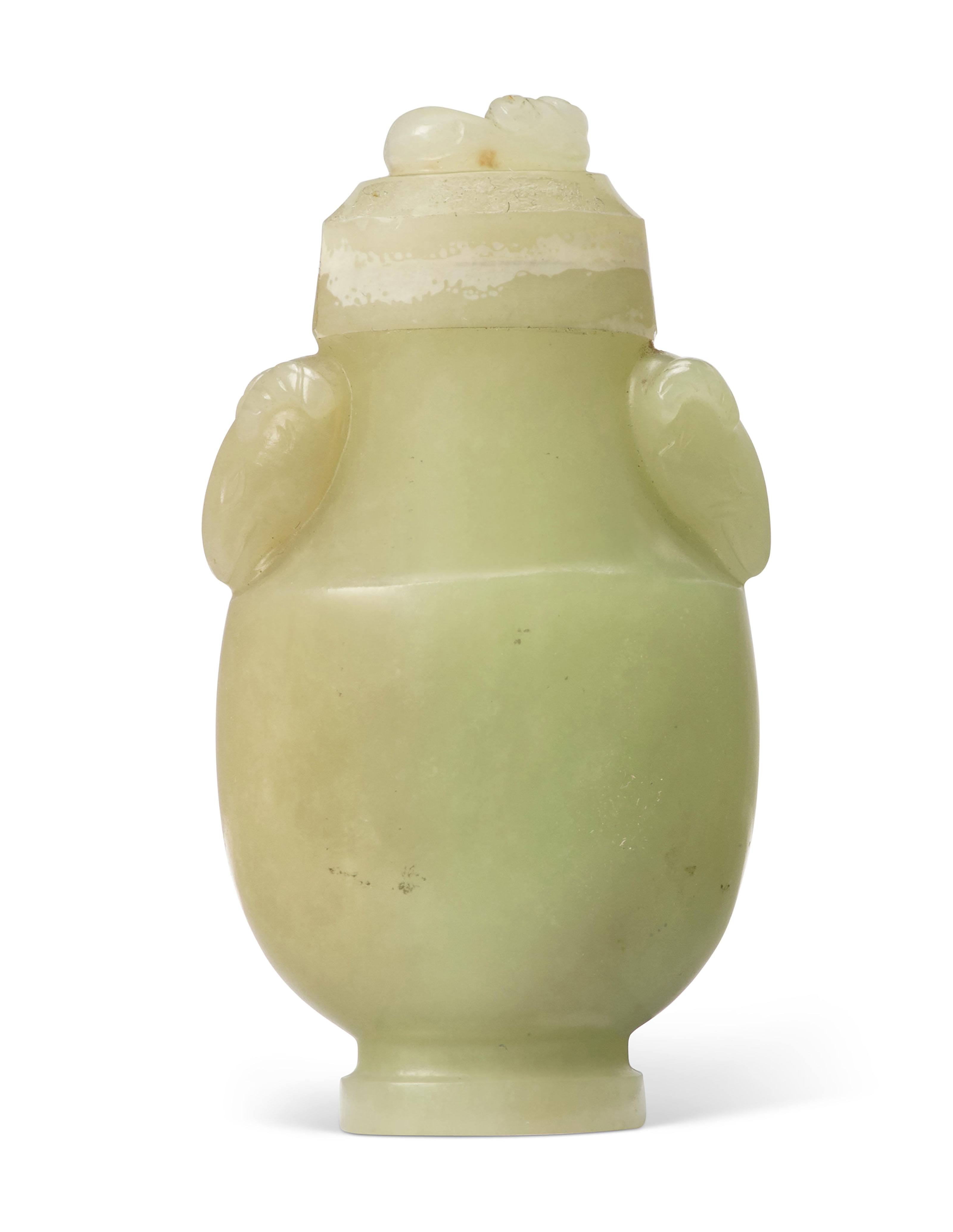 A SMALL YELLOW JADE FLATTENED VASE AND COVER, 18TH-EARLY 19TH CENTURY ...