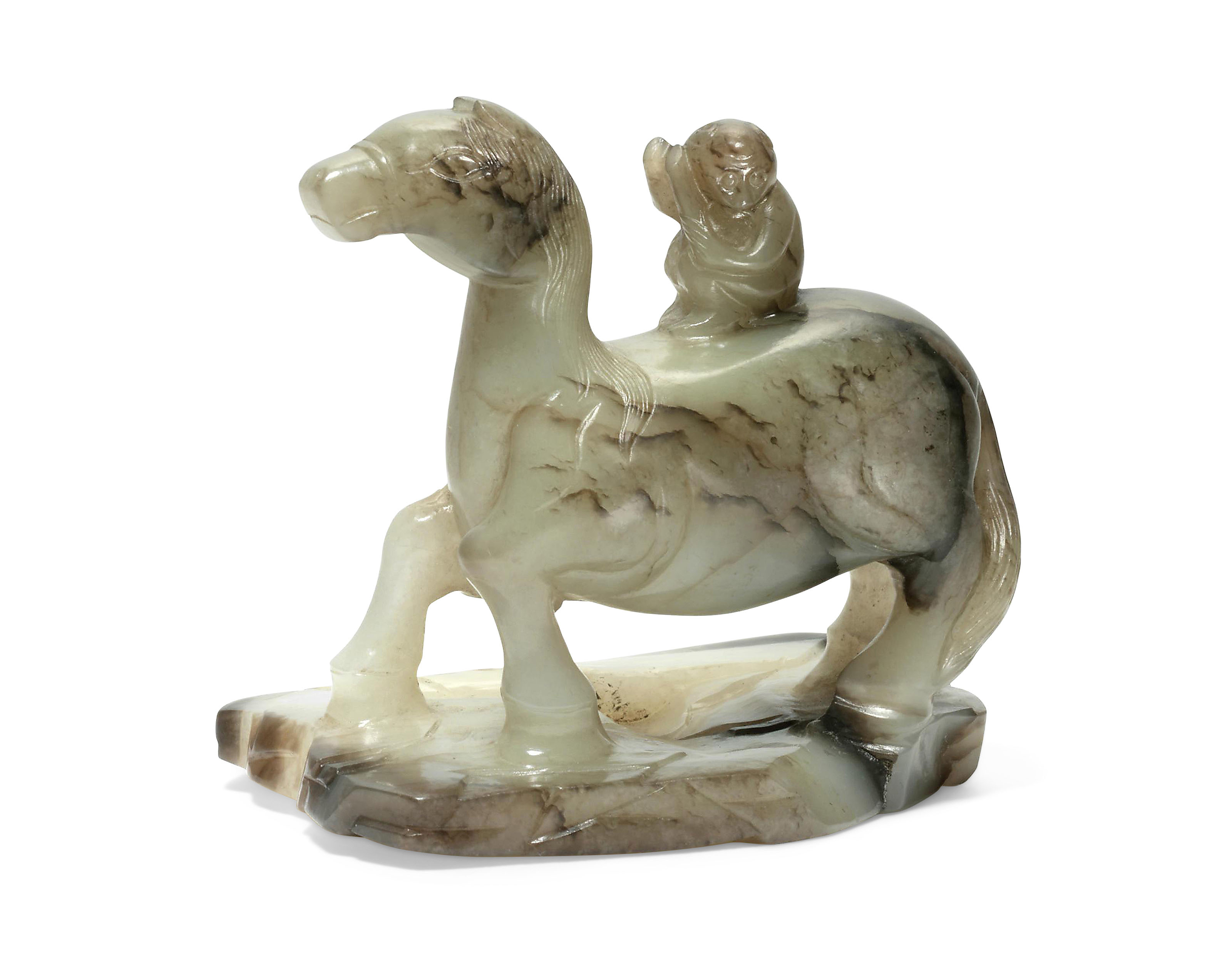 A SMALL GREENISH-WHITE AND GREY JADE 'HORSE AND MONKEY' GROUP, 18TH ...