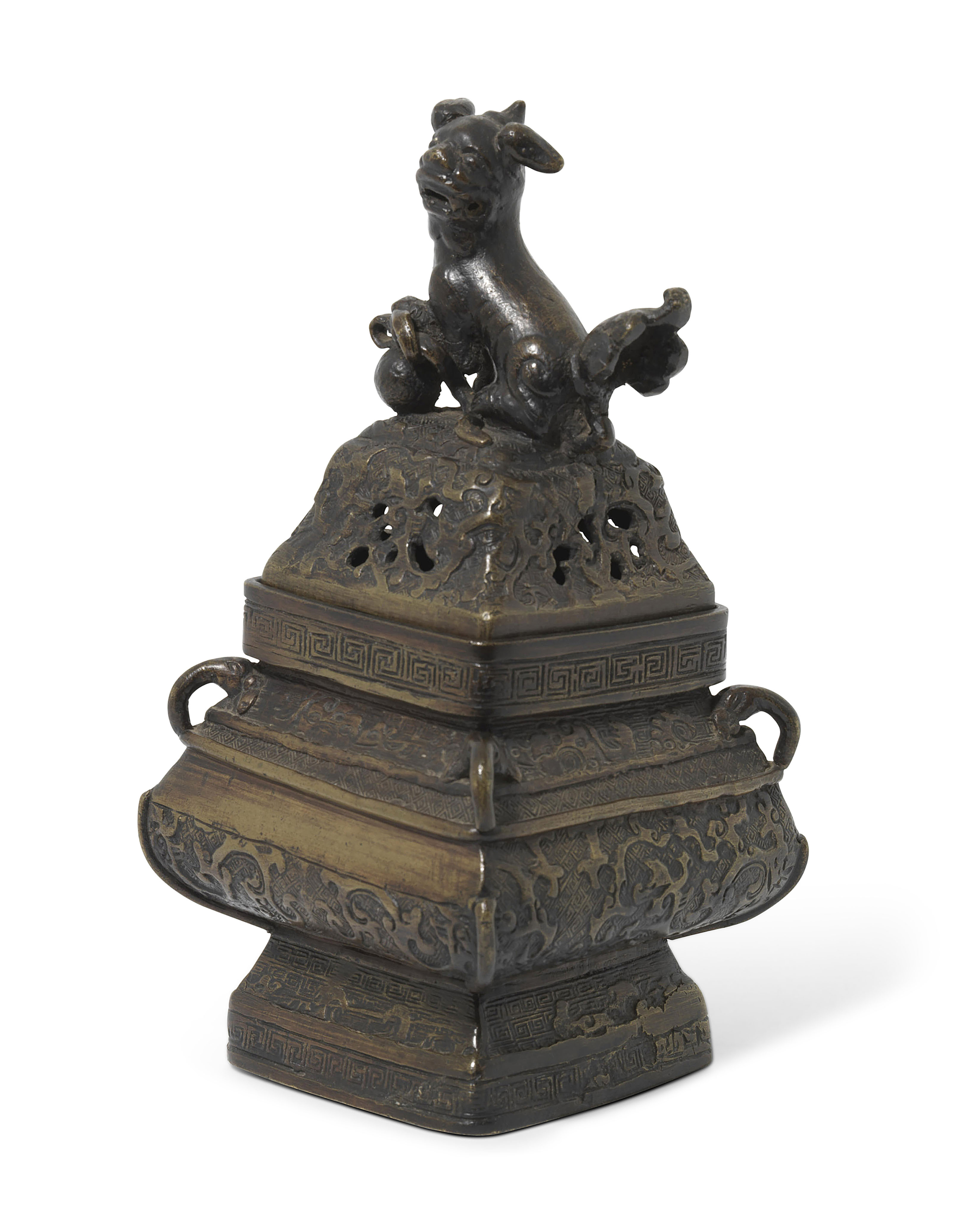 A BRONZE SQUARE-SECTION 'KUI-DRAGON' CENSER AND COVER, MING DYNASTY ...