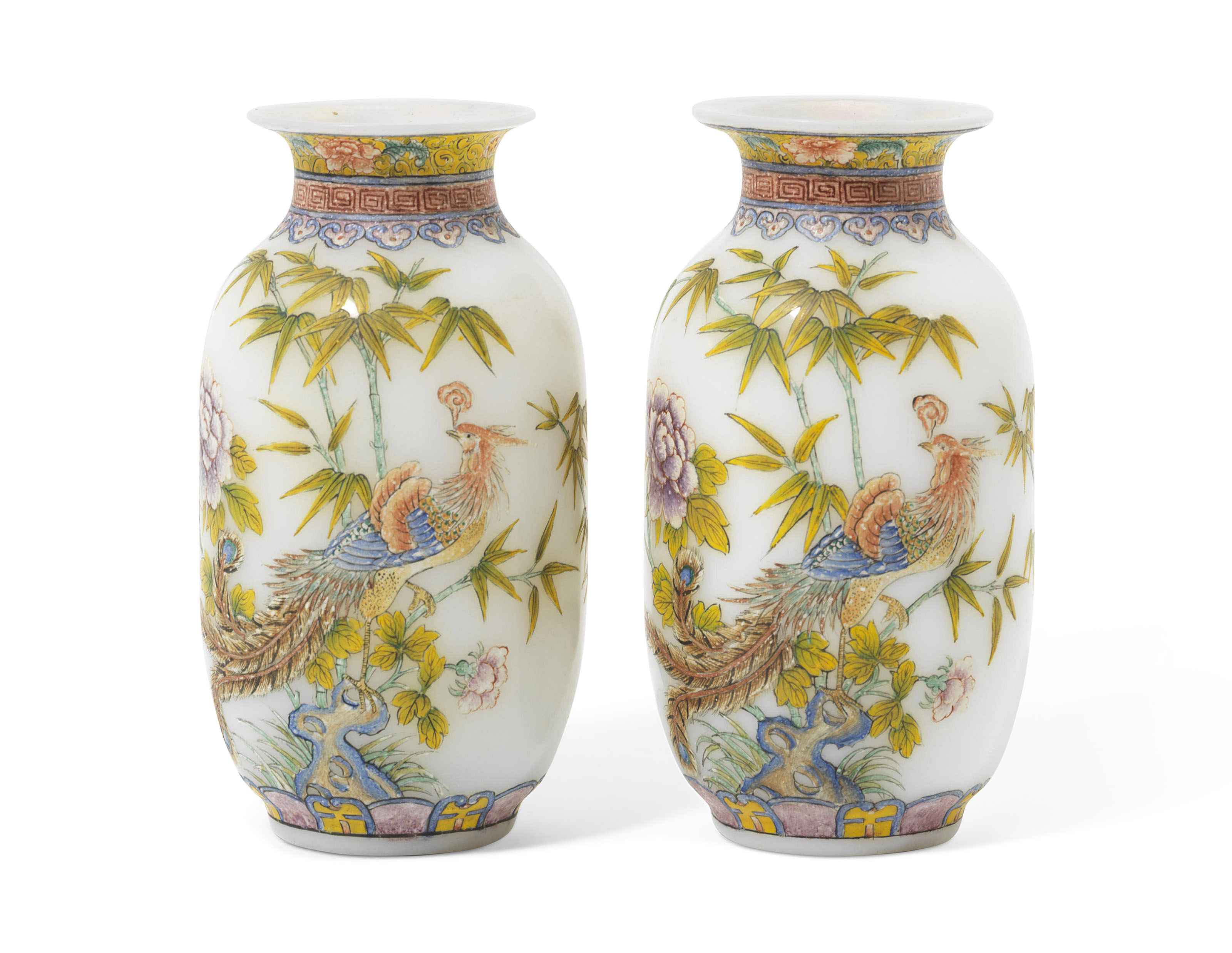 A PAIR OF SMALL ENAMELLED WHITE GLASS 'PHOENIX' VASES, 20TH CENTURY ...